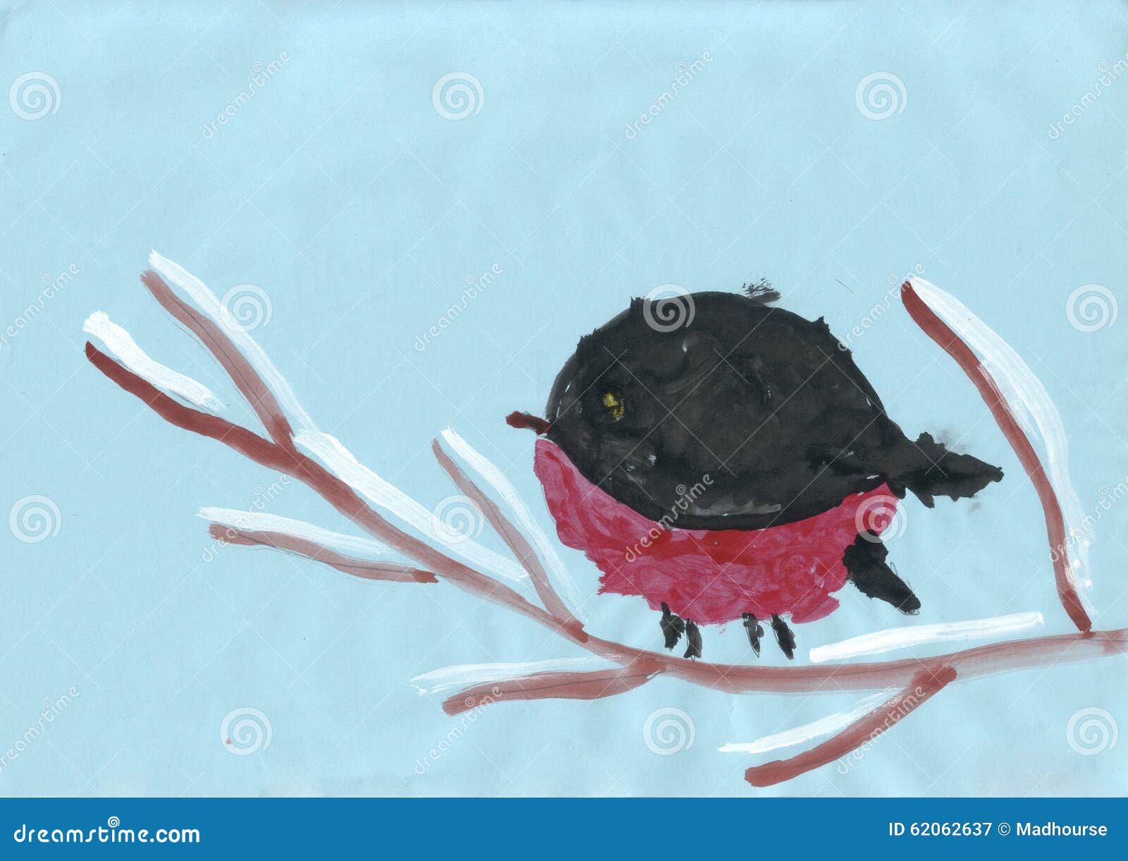 Children S Drawing - Bird Sits on a Snow-covered Branch Stock Image ...