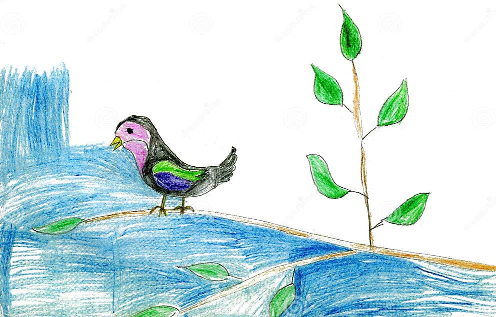 Children S Drawing Bird on a Tree Stock Illustration - Illustration of ...