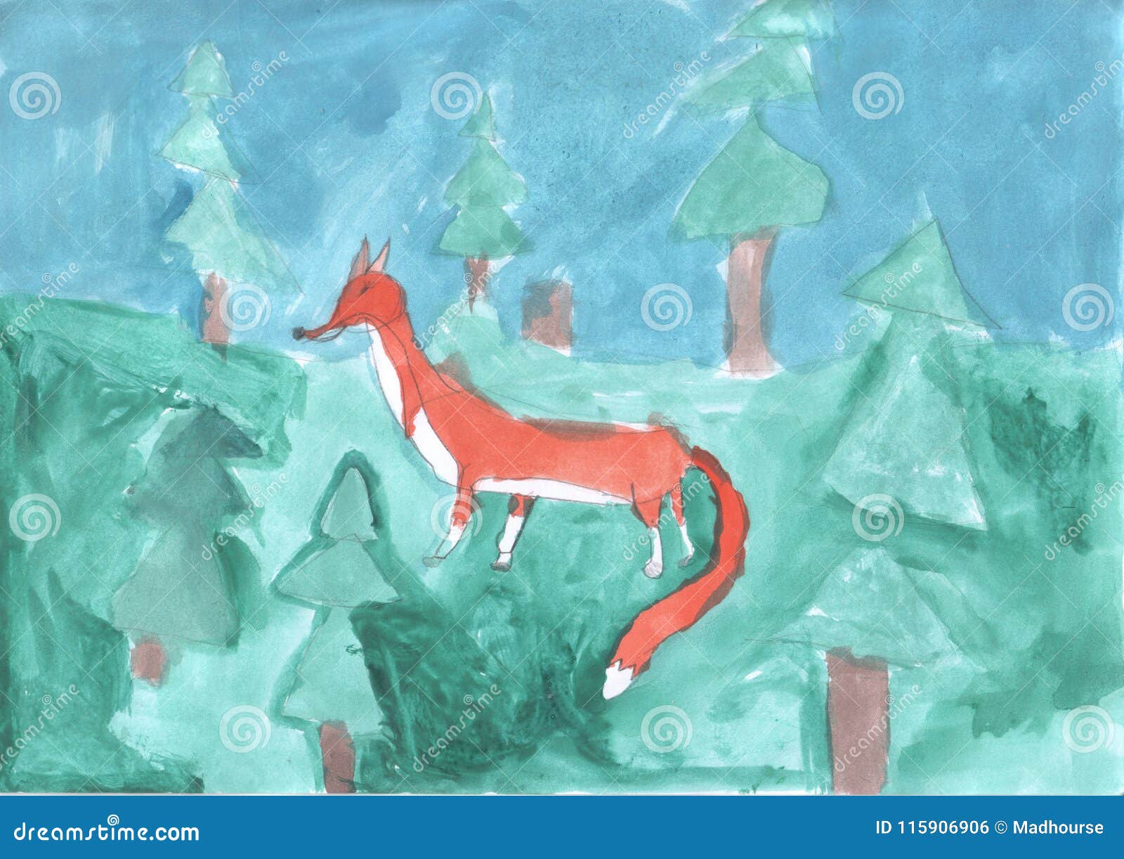 Children`s Drawing - Fox in the Forest Stock Illustration ...