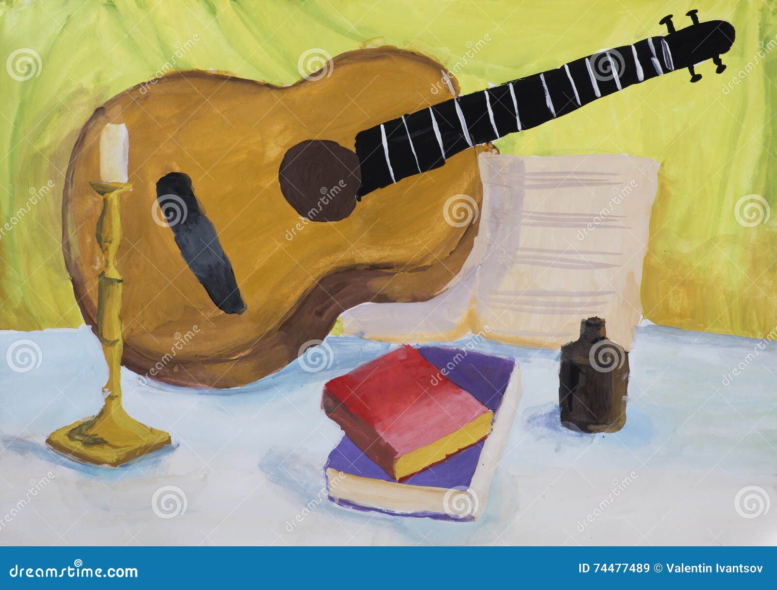 Children S Drawing Still Life with Guitar Stock Illustration ...