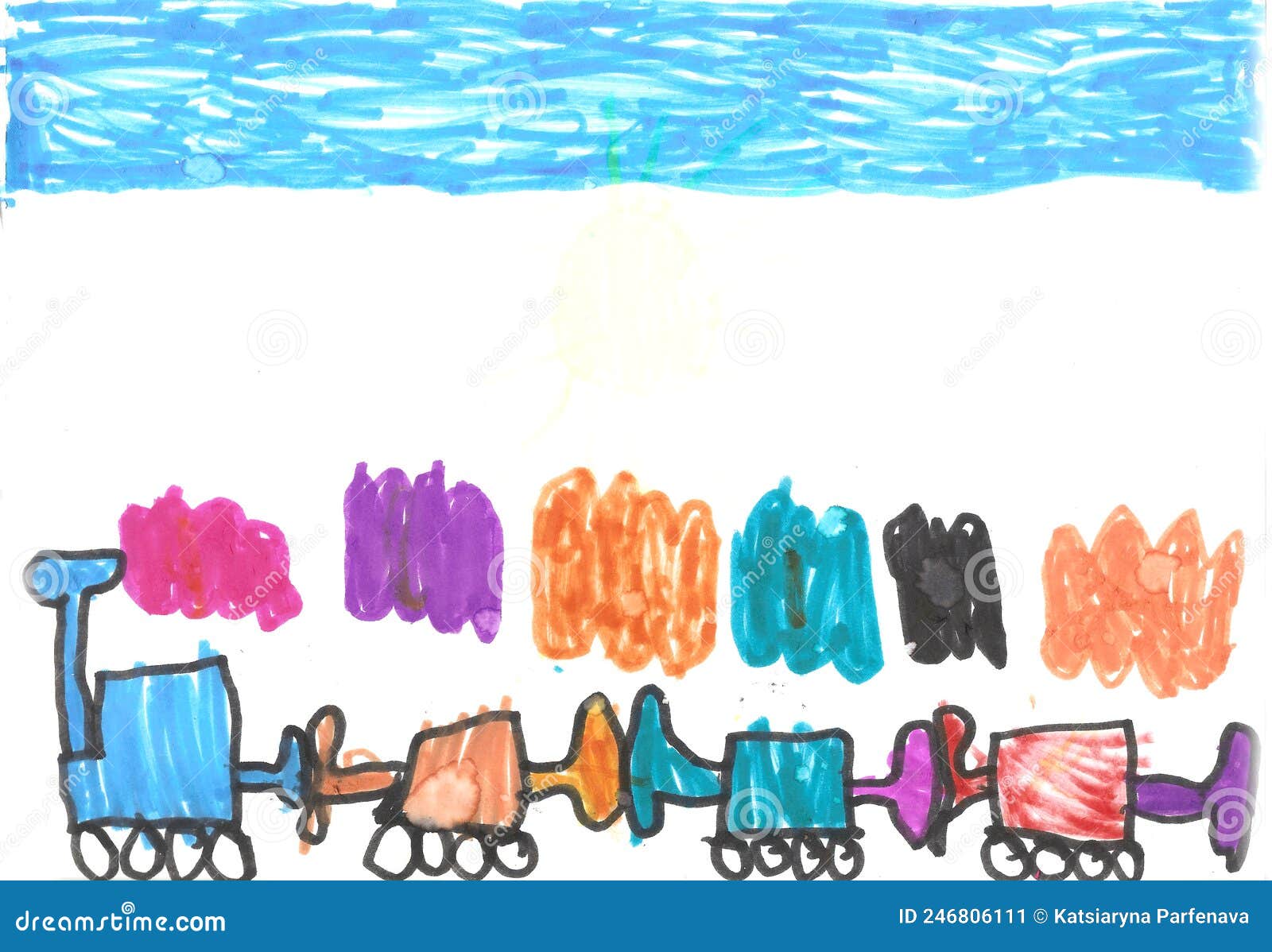 Children S Drawing of a Train with Carriages Stock Image - Image of ...