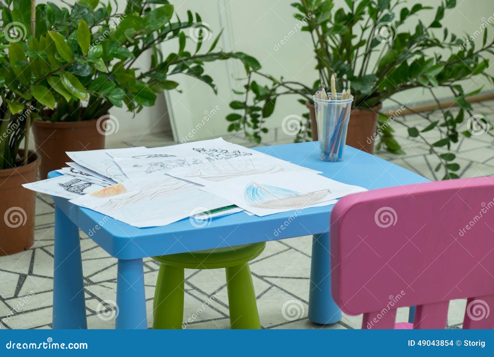 Children S Drawings in Pencil on a Table. Stock Photo - Image of chair ...