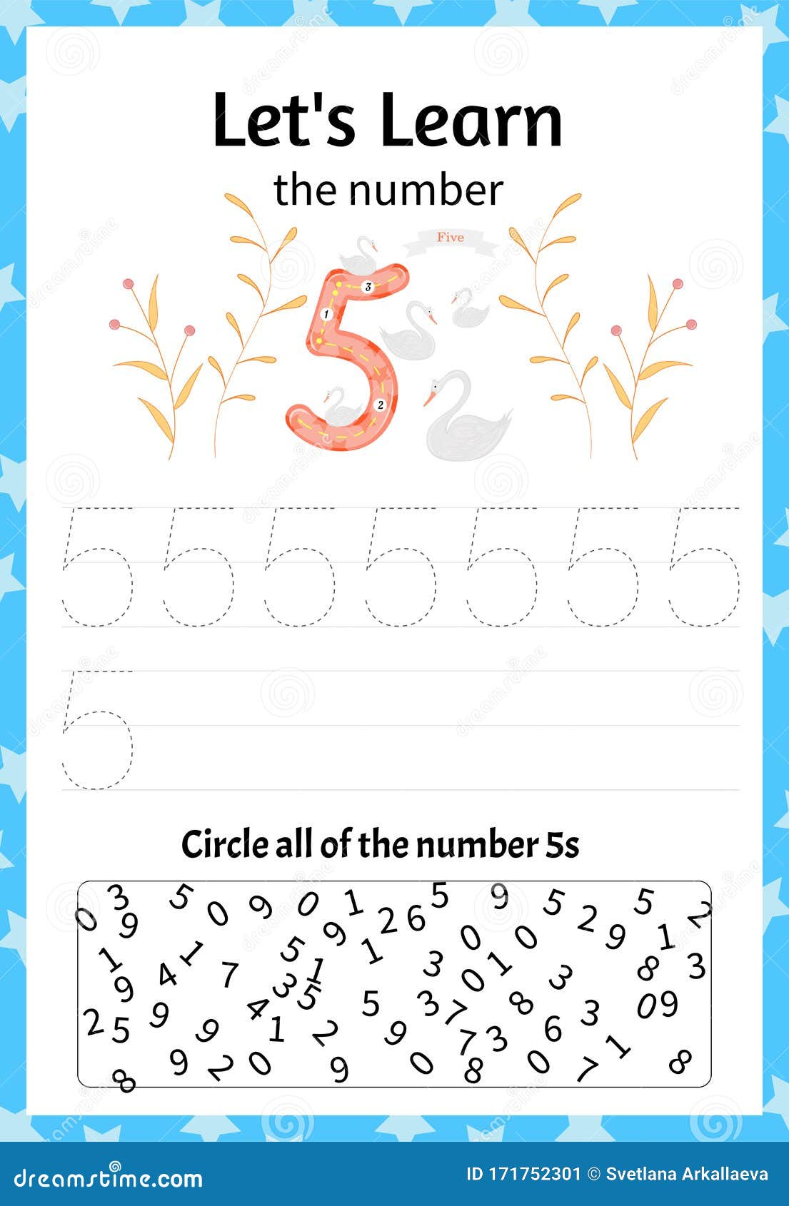 Children`s Game Let`s Learn the Number Five. Cartoon Style Stock ...