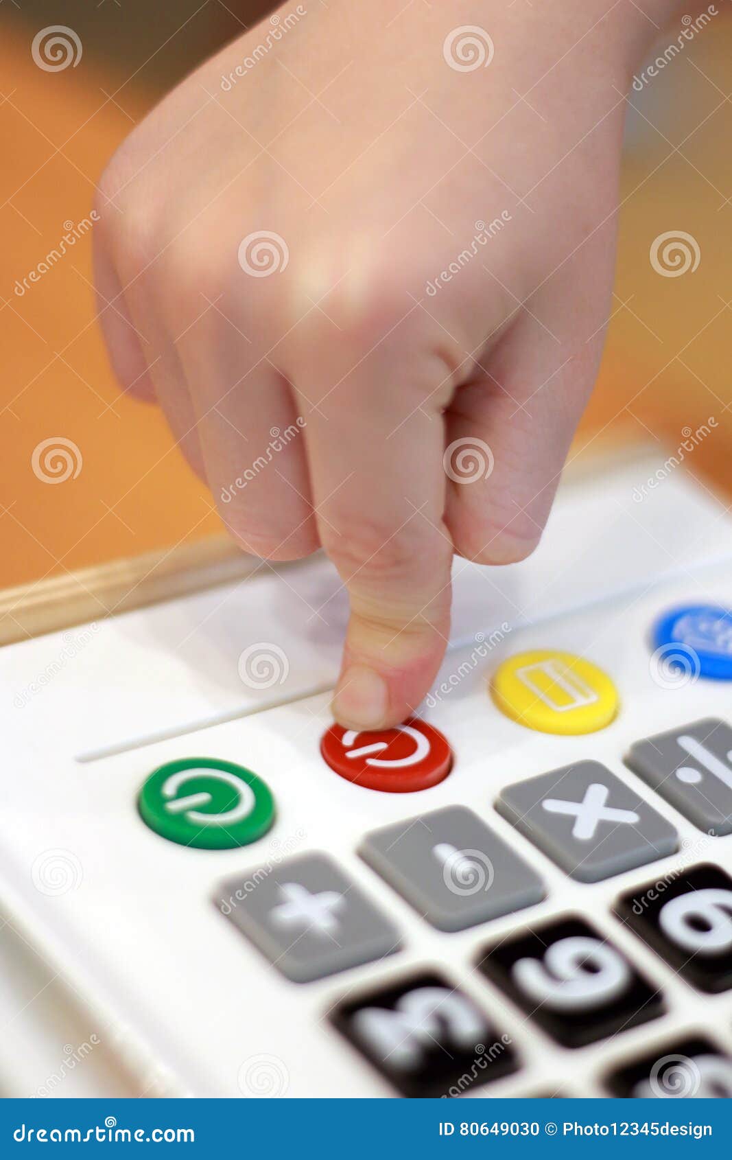 Children`s Hand Presses Off Button Calculator Stock Photo - Image of ...