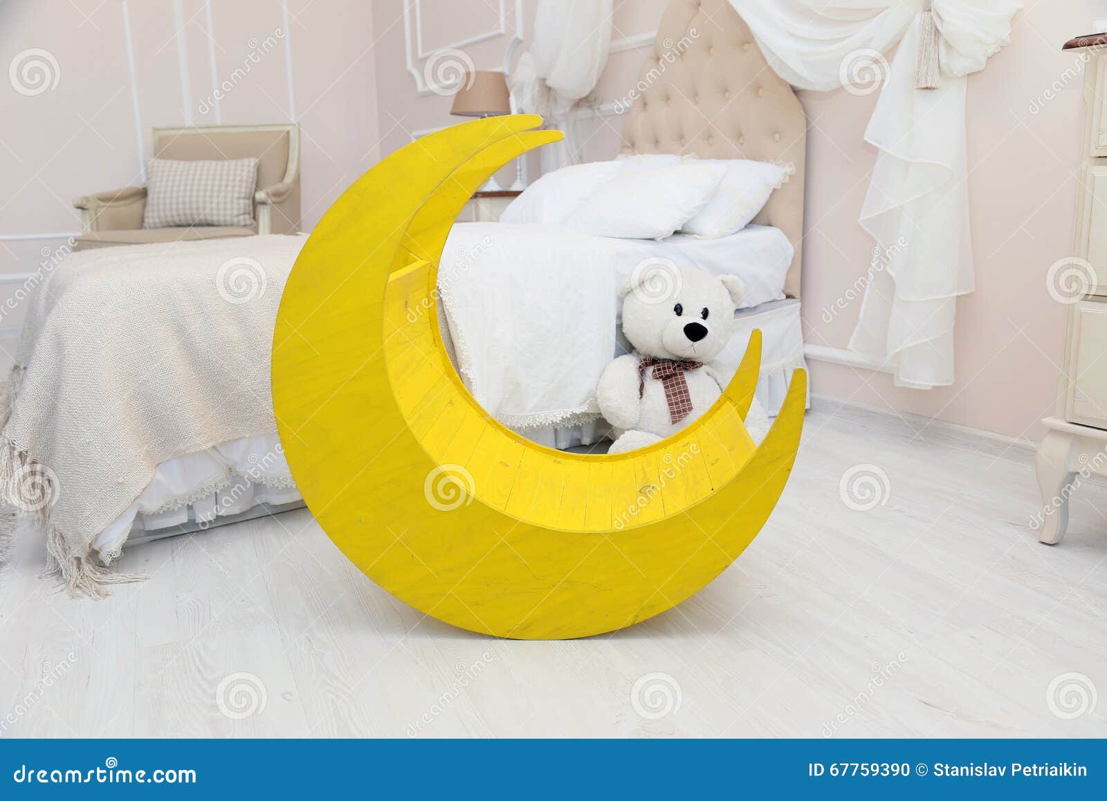 Children S Interior. White Light Room with a Cot, the Moon Toy, a Teddy ...