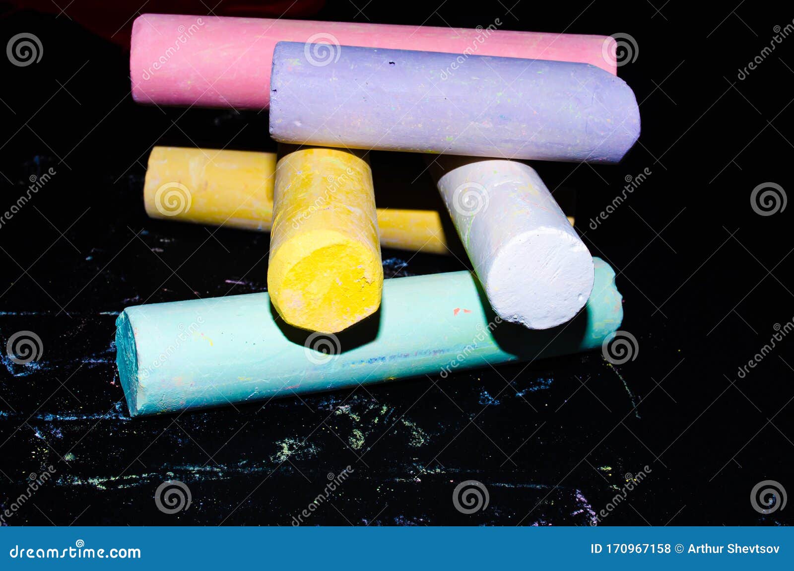 Children`s Multicolored Crayons on a Black Background. Chalk for ...