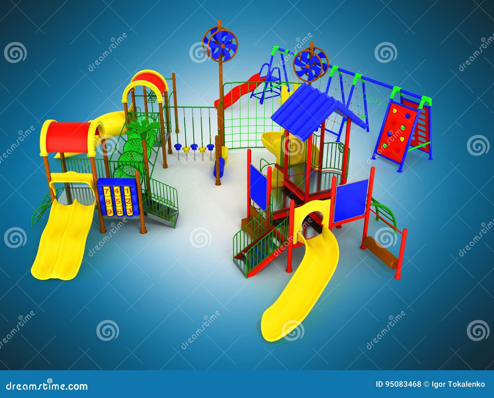 Children`s Play Complex 3d Render on Blue Background Stock Illustration ...