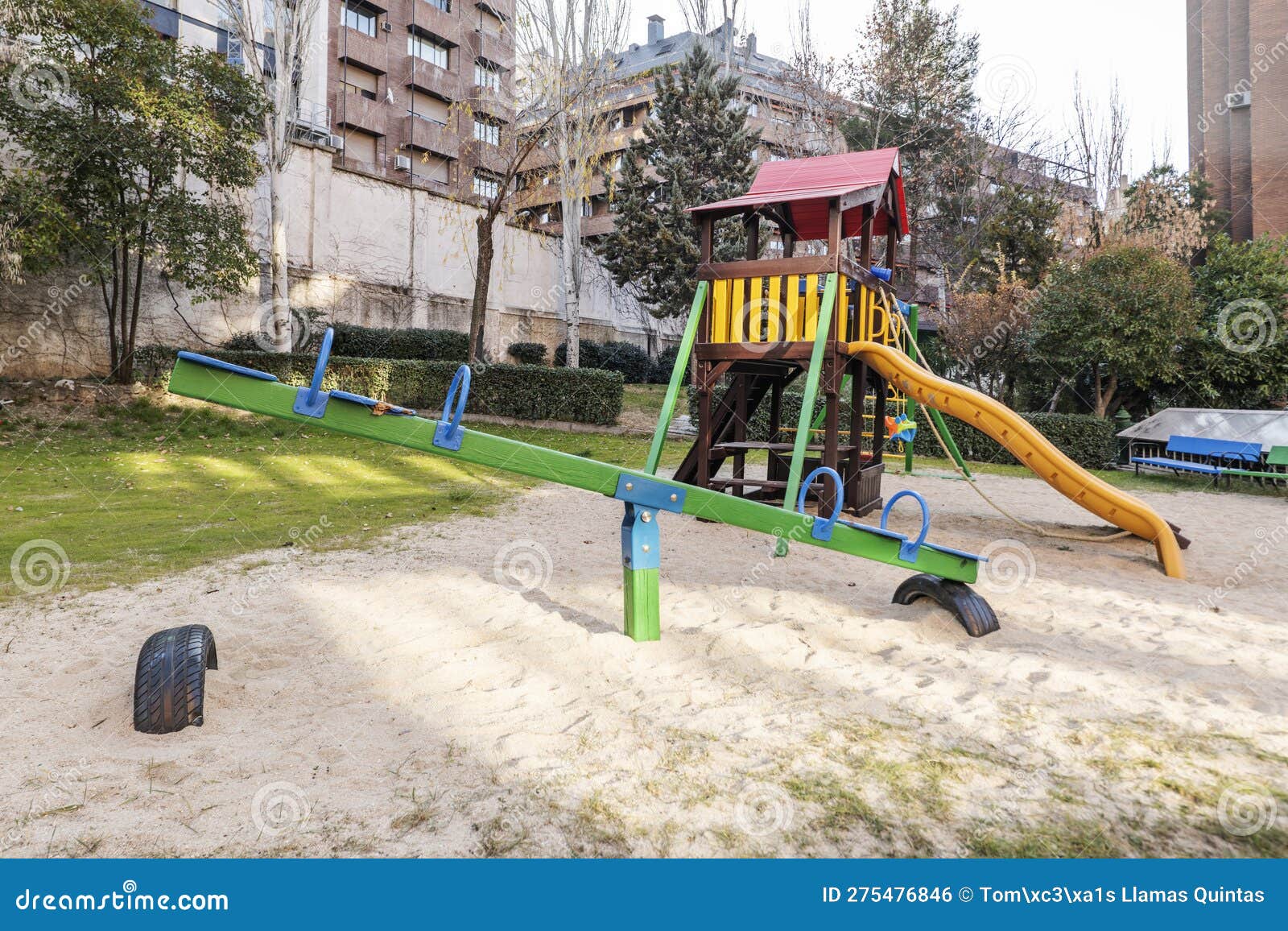 A Children S Playground with Slides, Sand on the Ground Stock Photo ...