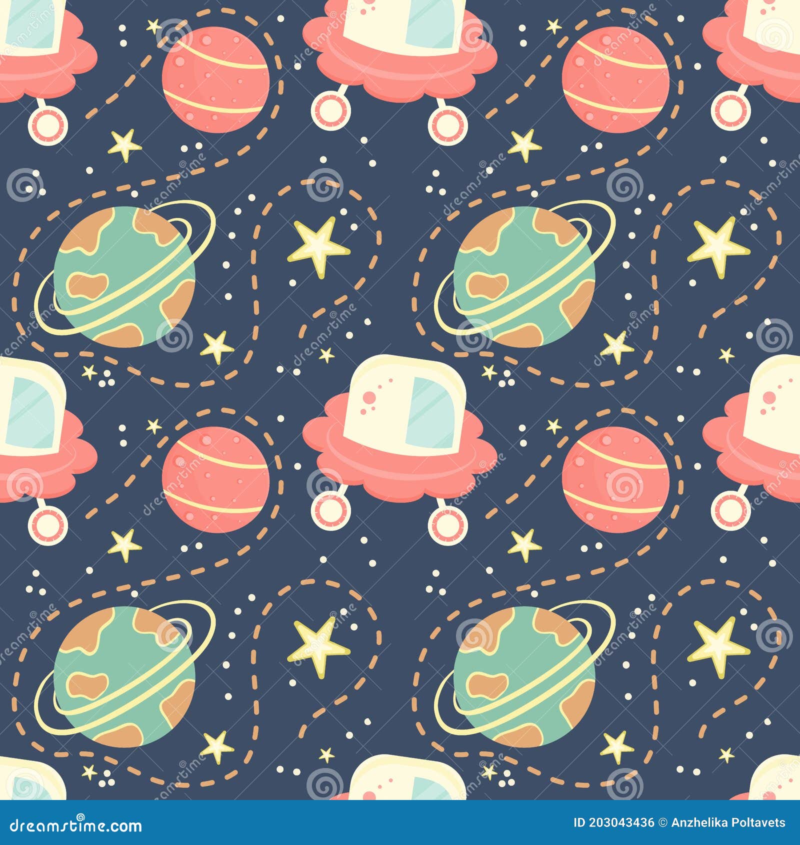 Children`s Seamless Pattern with Planets, Aircraft and Stars. Space ...