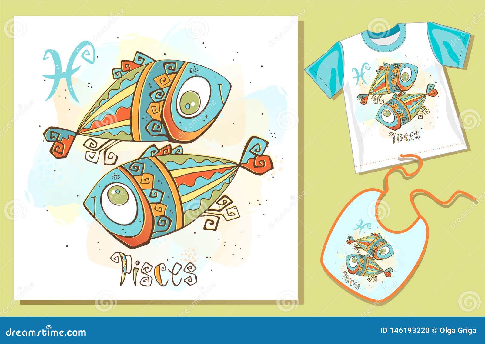 Children`s Zodiac. Pisces. Examples of Application on T-shirt and Bib ...
