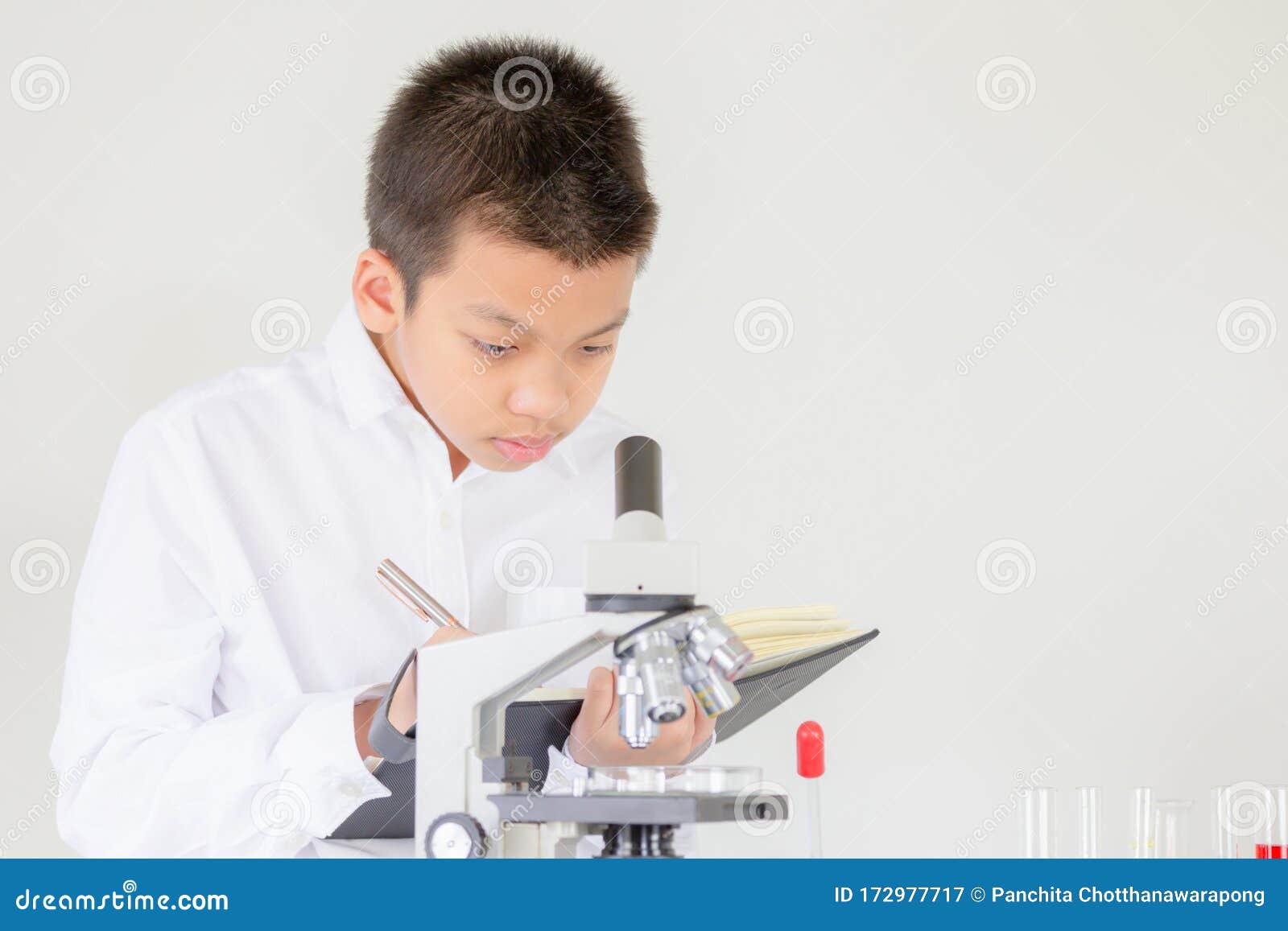 Children Science Concept, Portrait of Kid Boy Using Microscope in ...