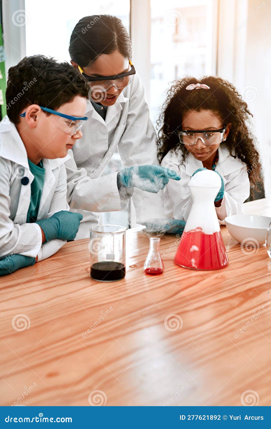 Children, Science Teacher and Experiment with Beaker for Learning ...