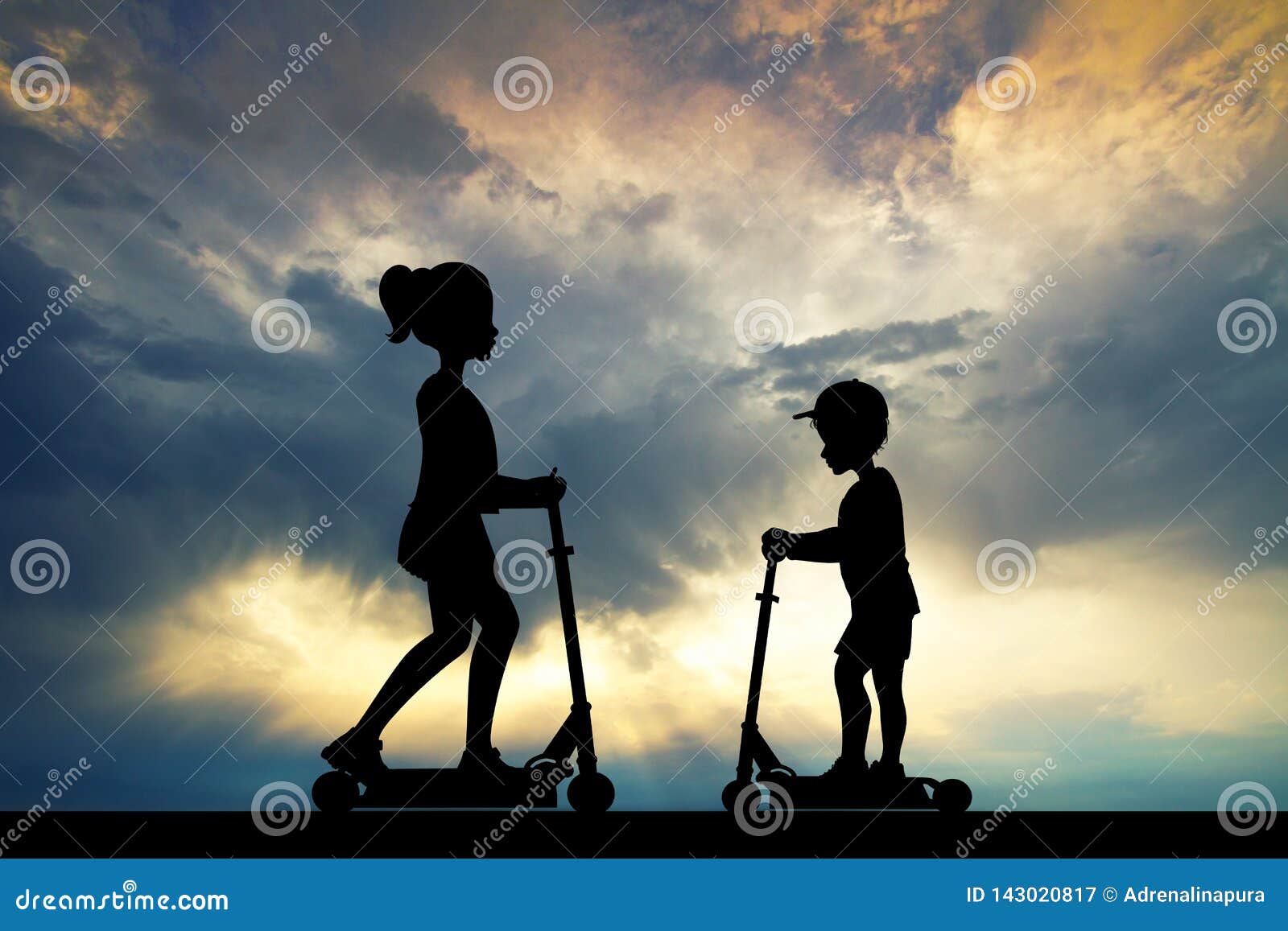 Children on Scooter at Sunset Stock Illustration - Illustration of ...