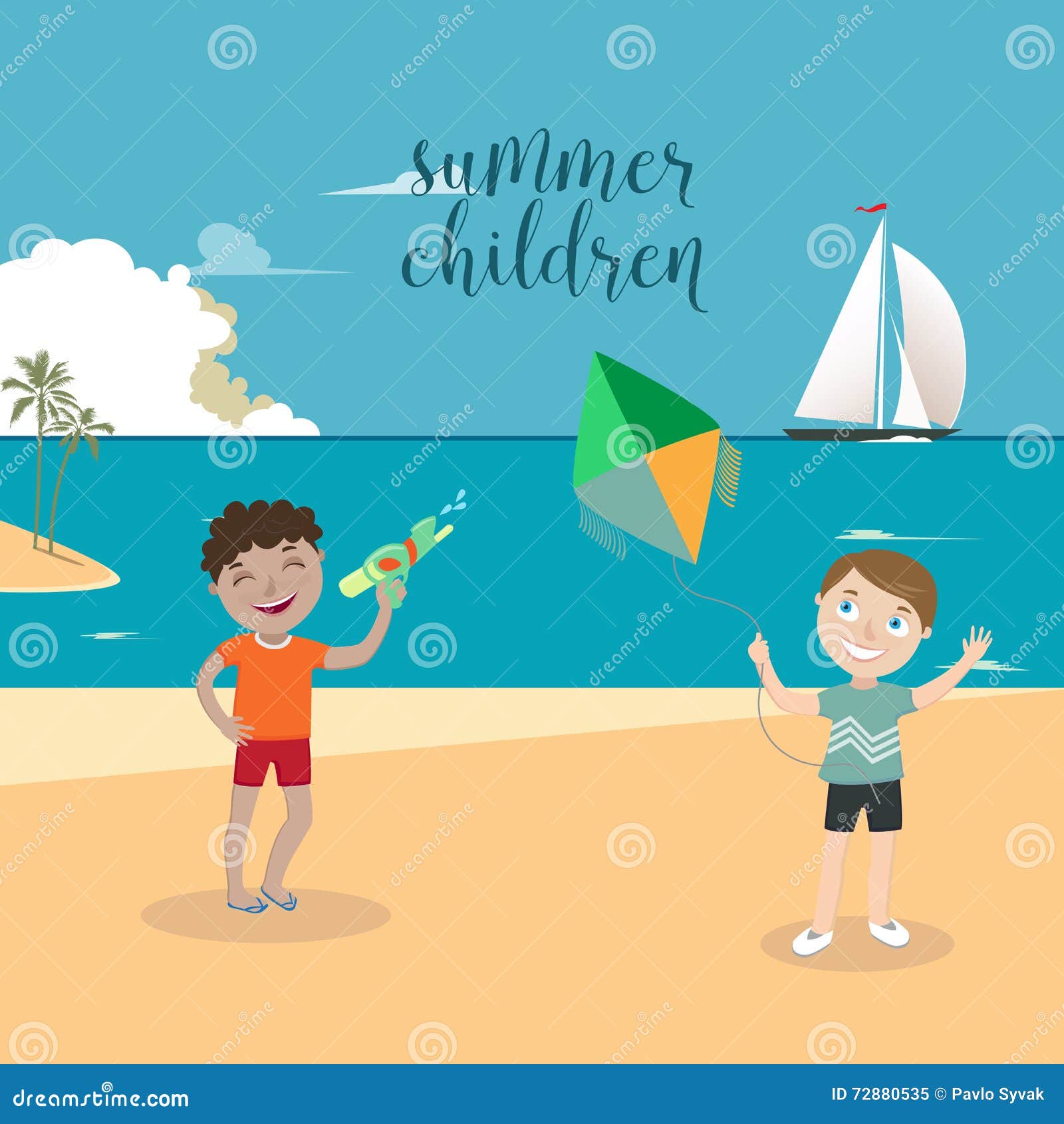Children Sea Vacation. Boys Playing on the Beach Stock Vector ...