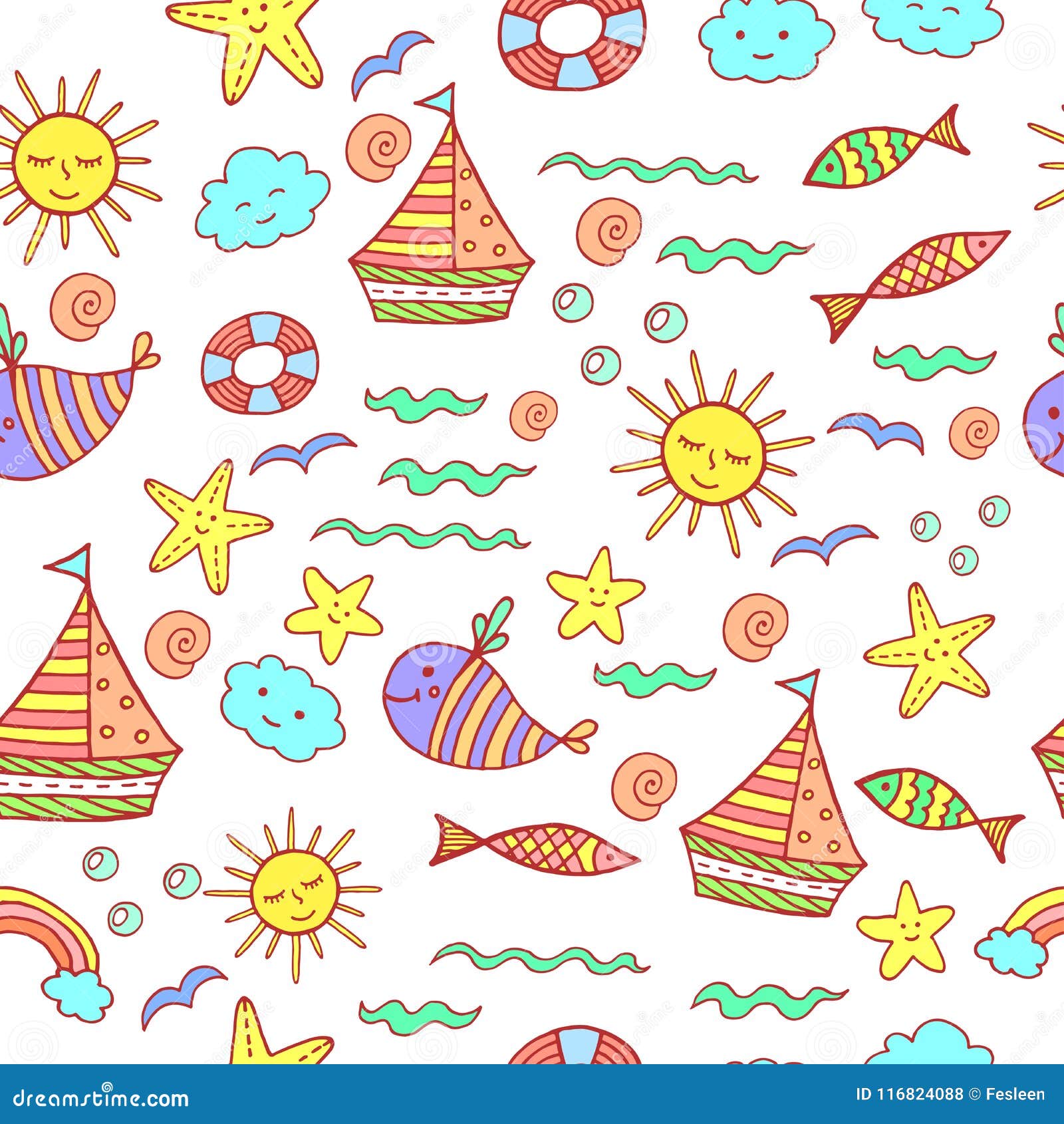 Children Seamless Pattern with Doodle Beach Elements - Sea, Sun, Stock ...