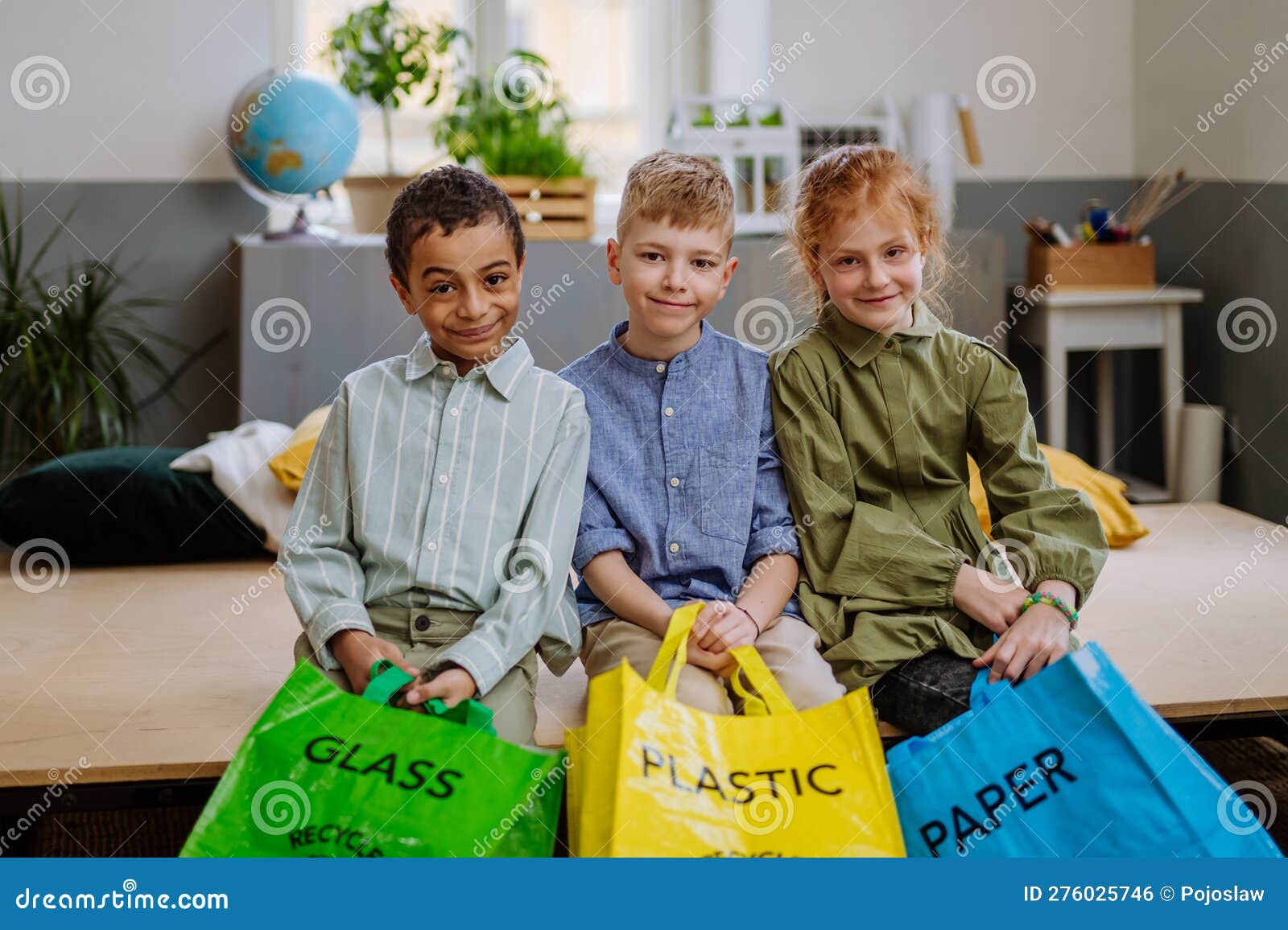 Children Separating Rubish in To Three Bins. Stock Photo - Image of ...
