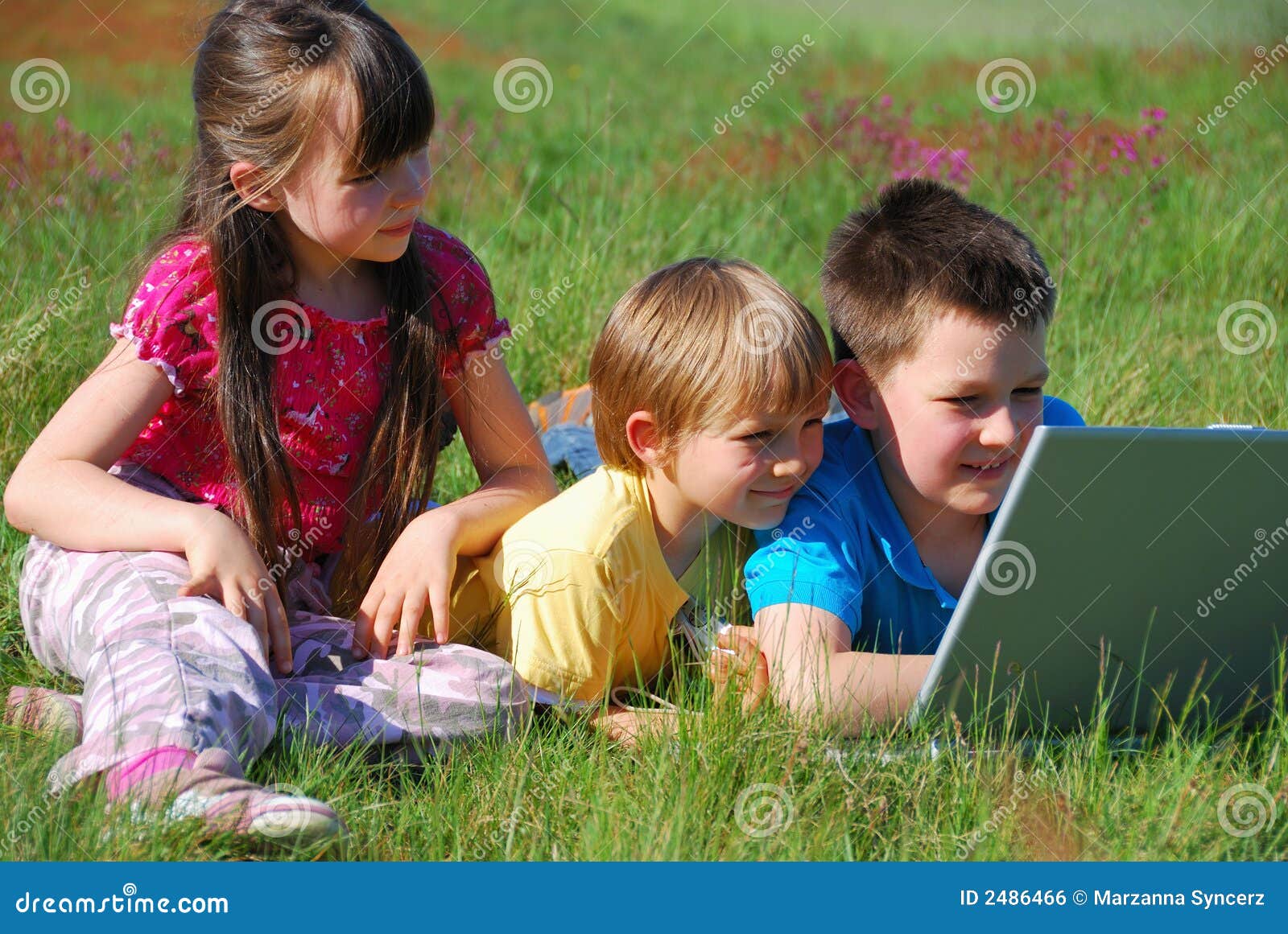Children sharing laptop stock photo. Image of field, boys - 2486466