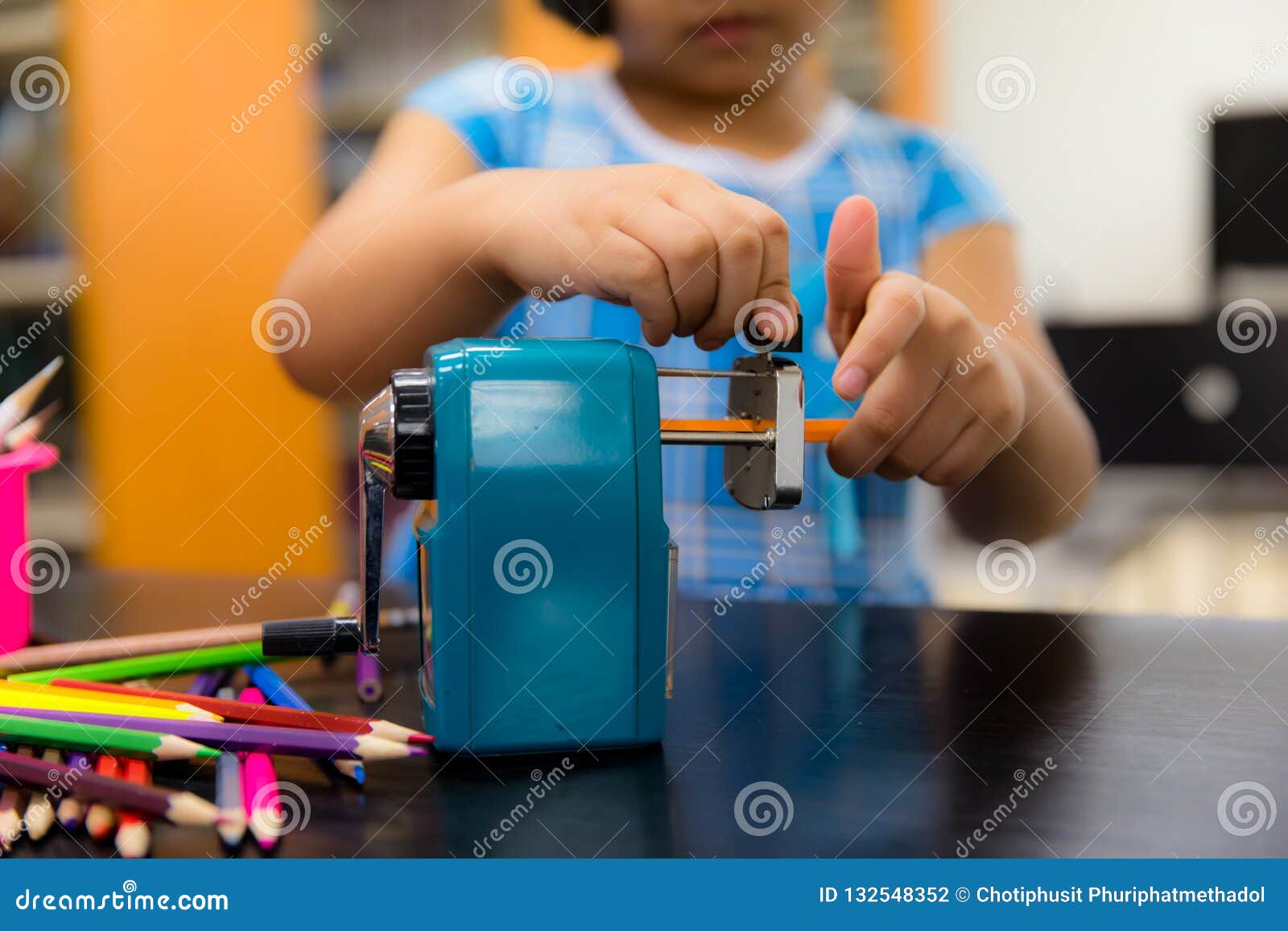 Children are Sharpening Crayons in the Library Stock Photo - Image of ...