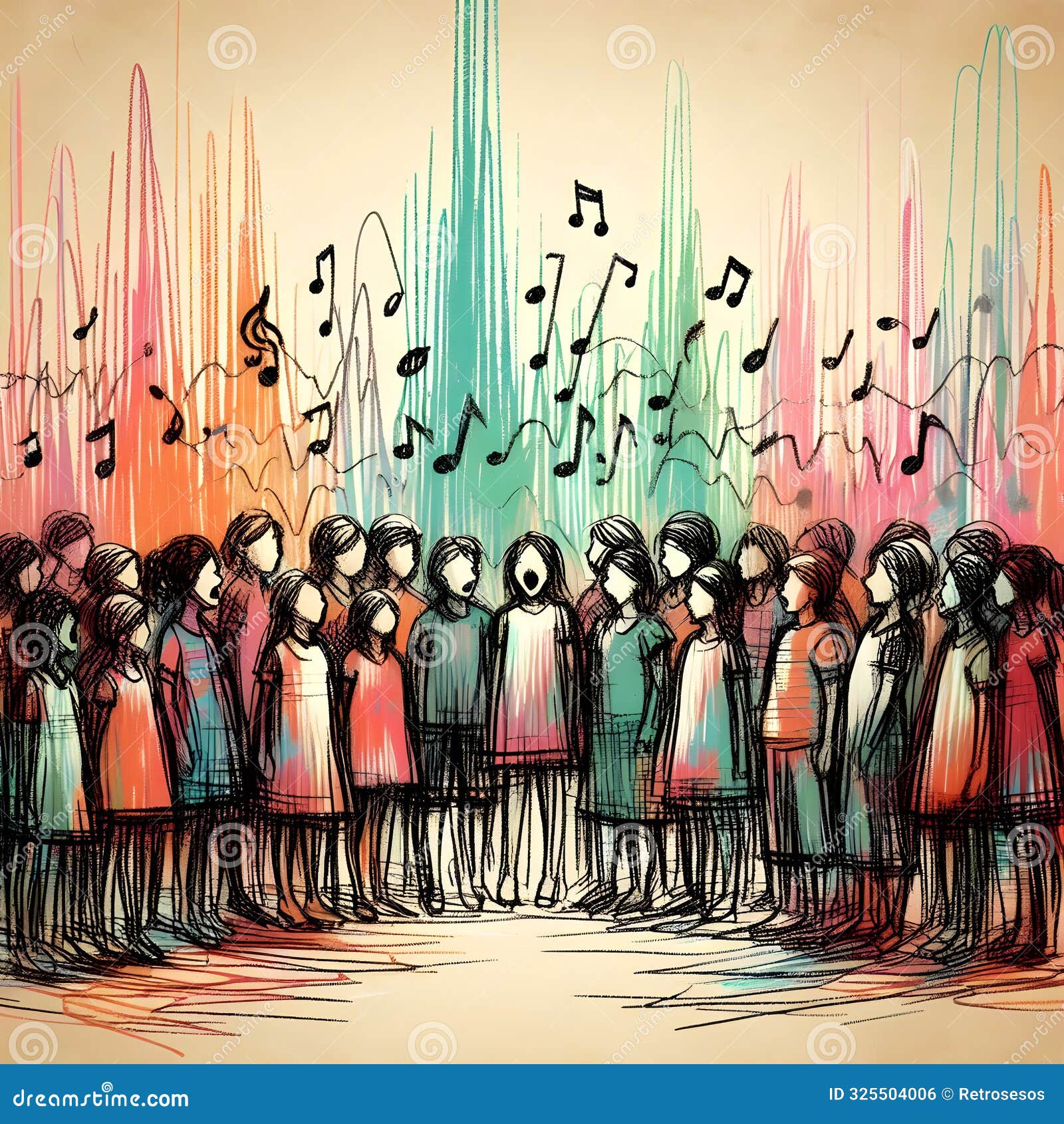 Children Singing in a Choir with a Vibrant Musical Notes Backdrop Stock ...