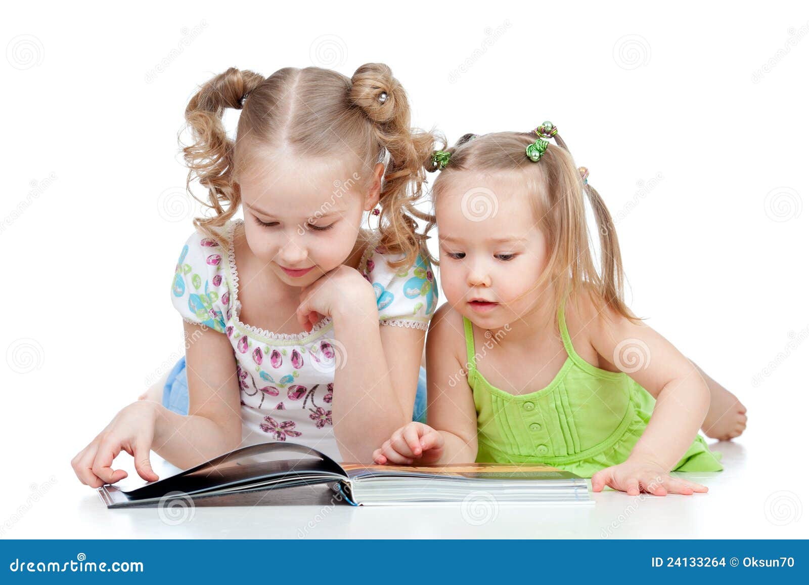 Children Sisters Reading a Book Together Stock Photo - Image of ...