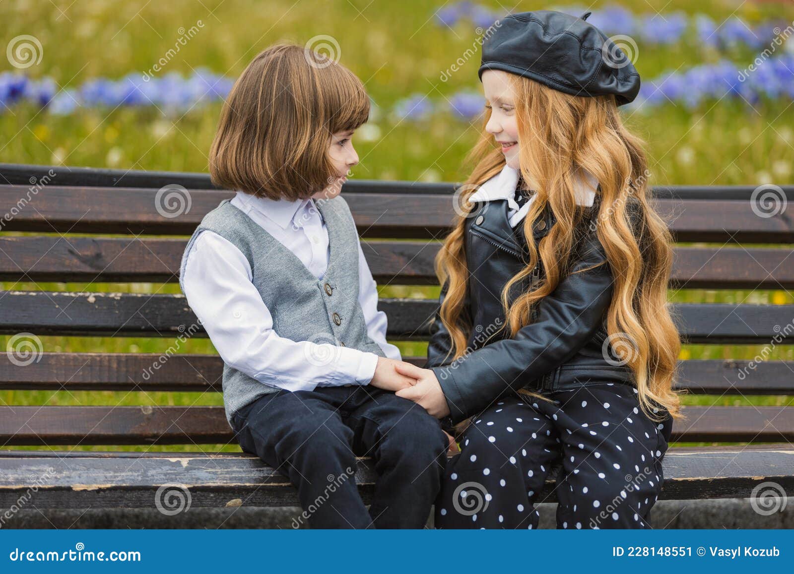 Children are Sitting on a Bench Stock Image - Image of children ...
