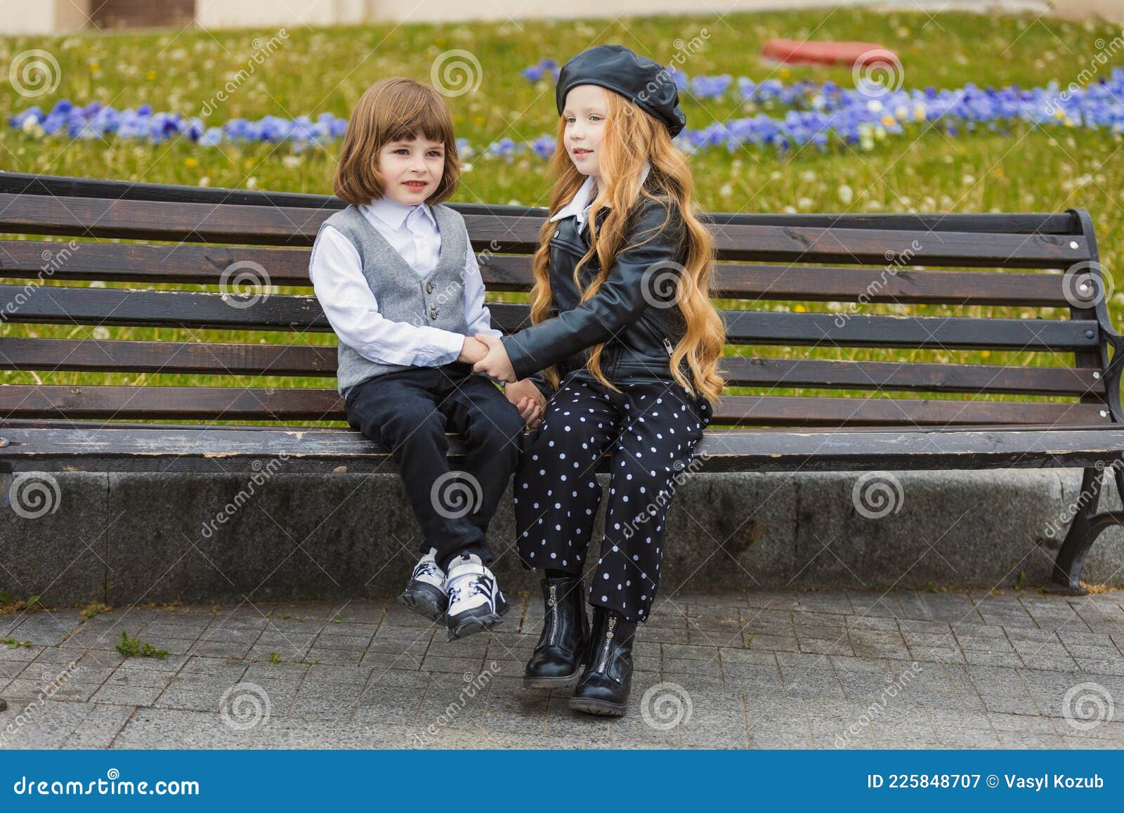 Children are Sitting on a Bench Stock Image - Image of childhood ...