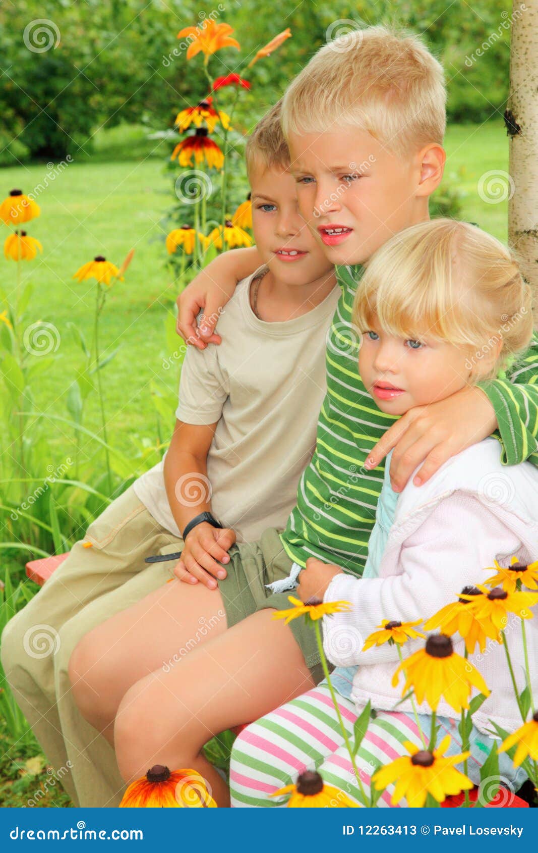 Children Sitting on Bench in Garden Stock Image - Image of happiness ...