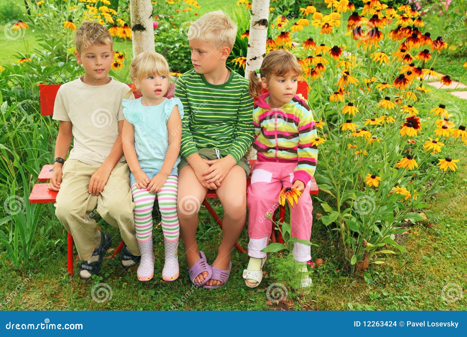 Children Sitting on Bench in Garden Stock Photo - Image of little ...