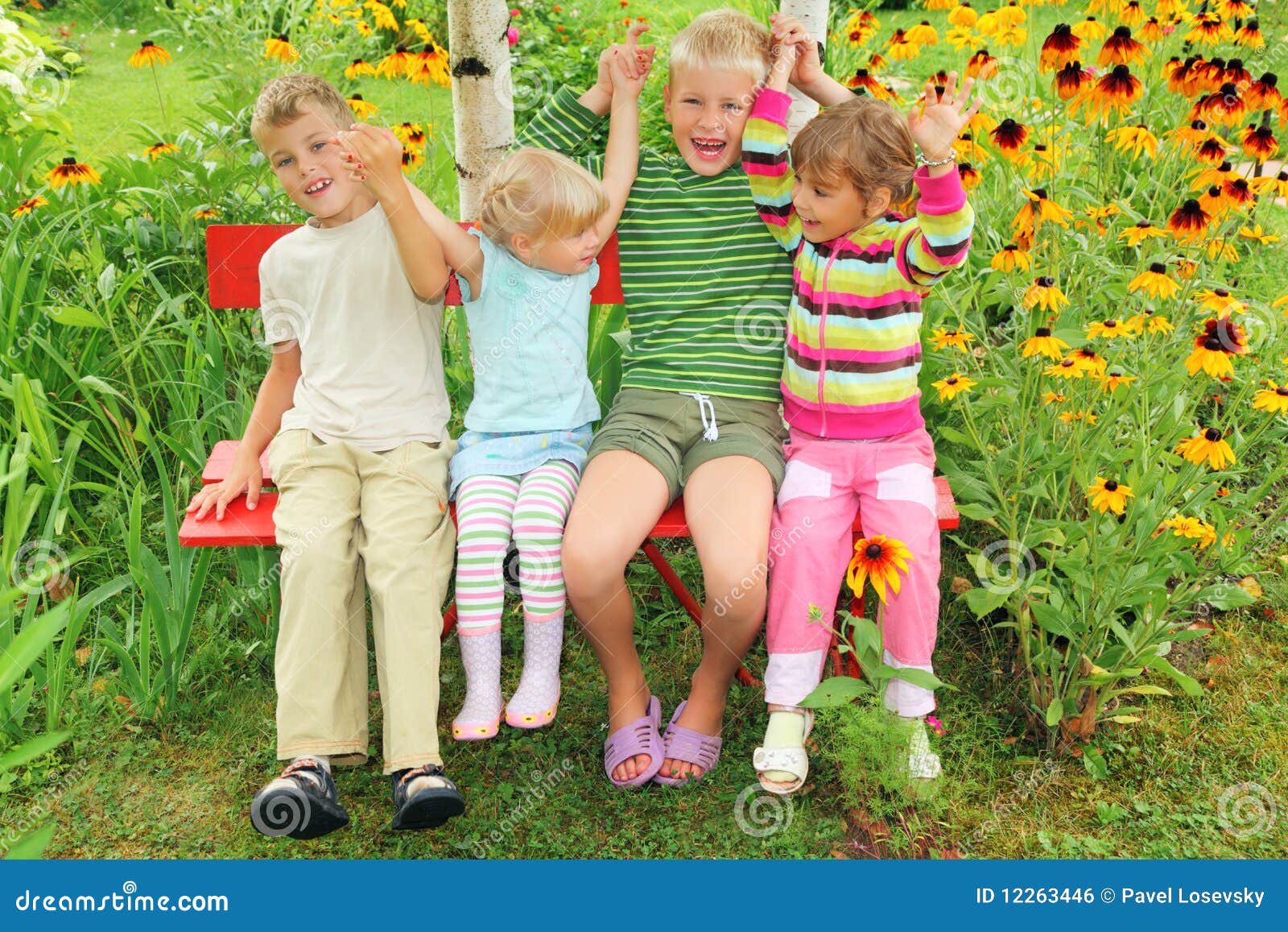 Children Sitting on Bench in Garden Stock Photo - Image of family, park ...