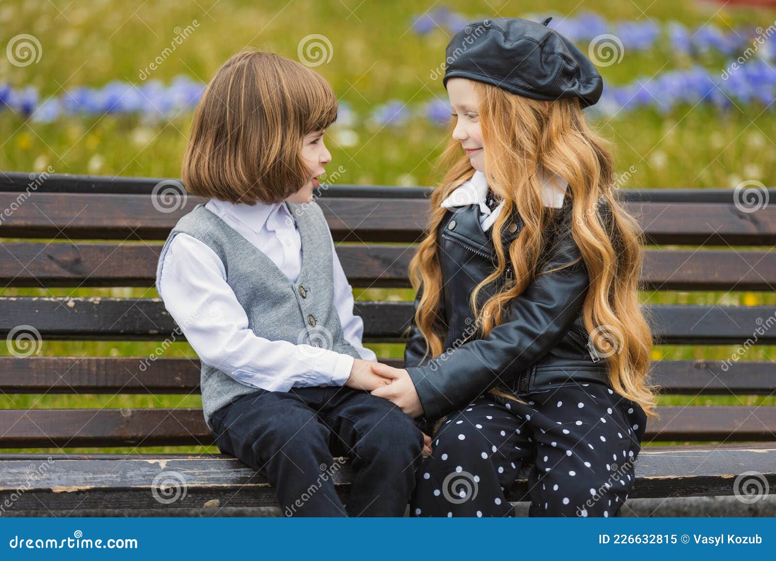Children are Sitting on a Bench Stock Image - Image of childhood, kids ...