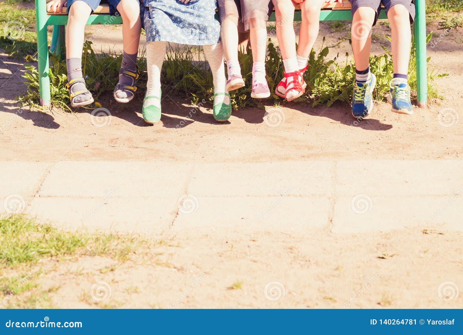 Children are Sitting on a Bench Stock Image - Image of green, family ...