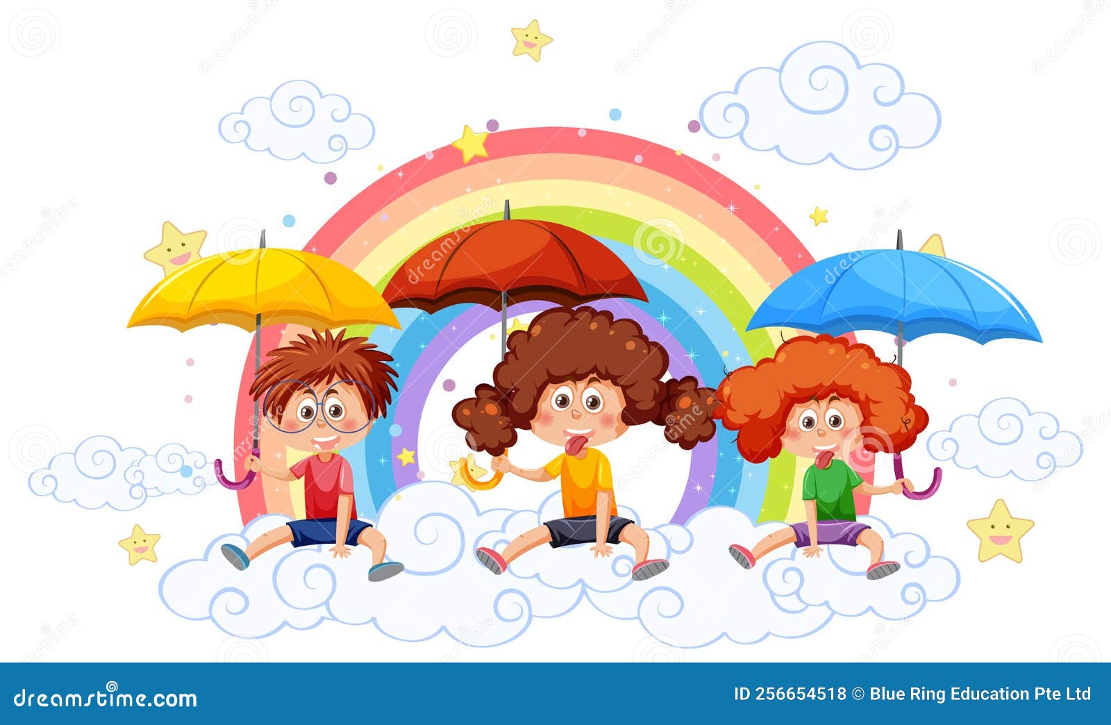Children Sitting on Cloud with Rainbow Stock Vector - Illustration of ...