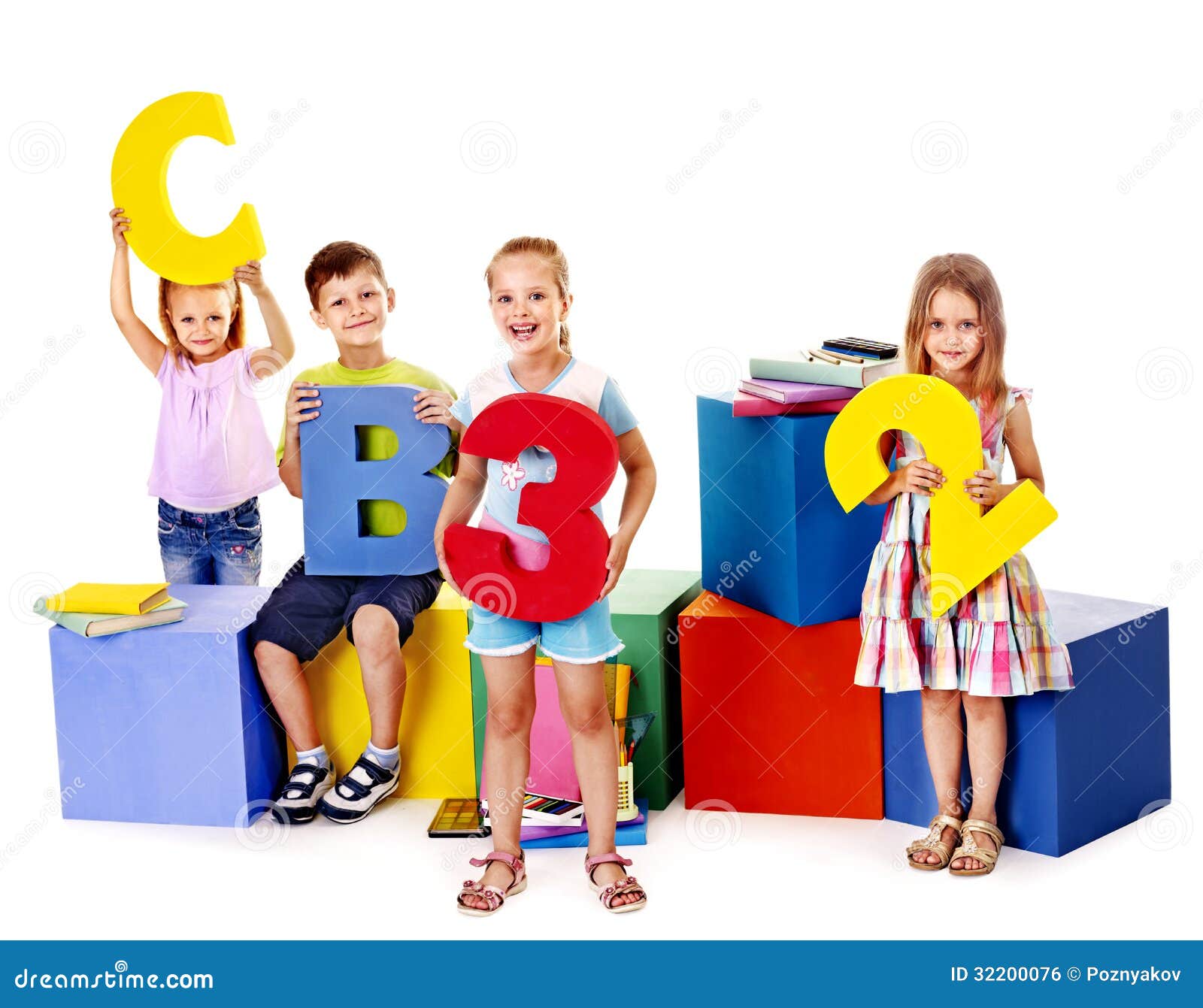 Children sitting at cube. stock photo. Image of figure - 32200076