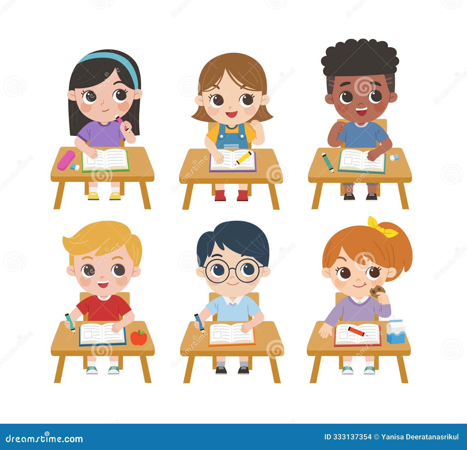 Children Sitting At School Desk And Doing Homework. Vector Illustration ...