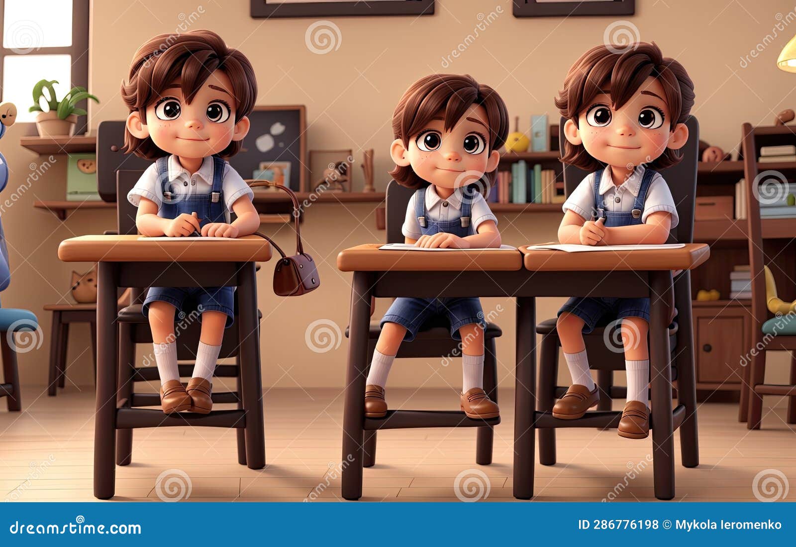 Children Sitting at Study Tables Stock Illustration - Illustration of ...