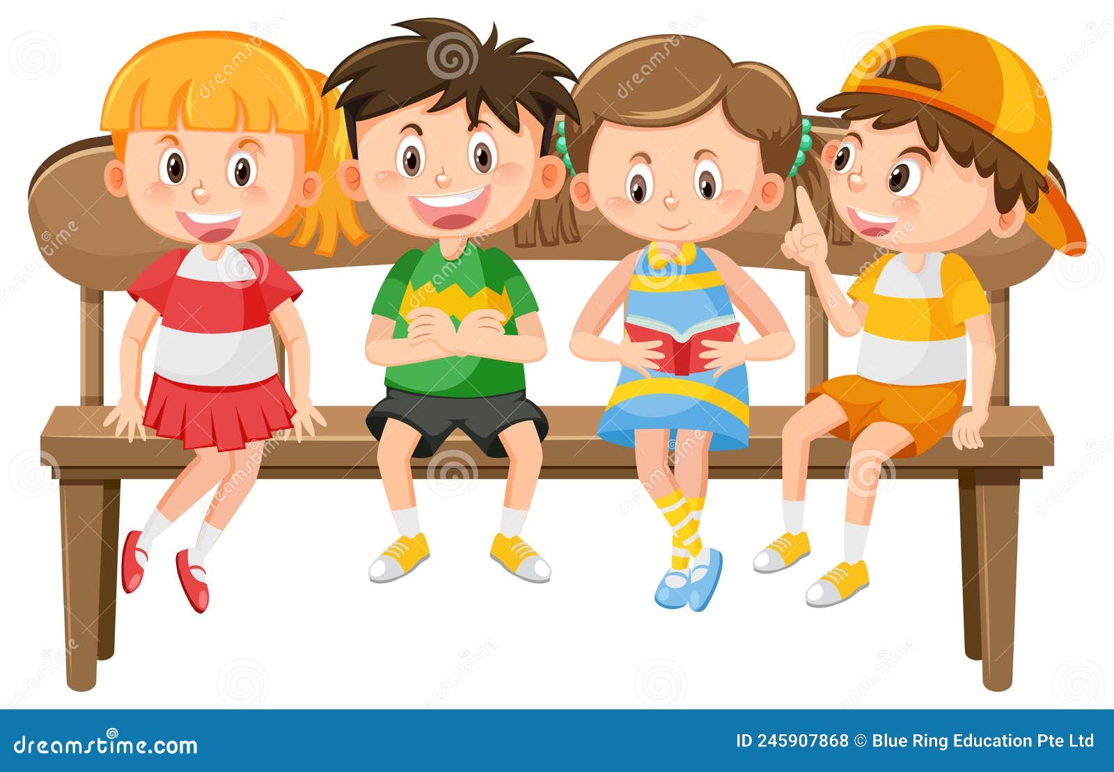 Children Sitting on a Wooden Bench Stock Vector - Illustration of ...