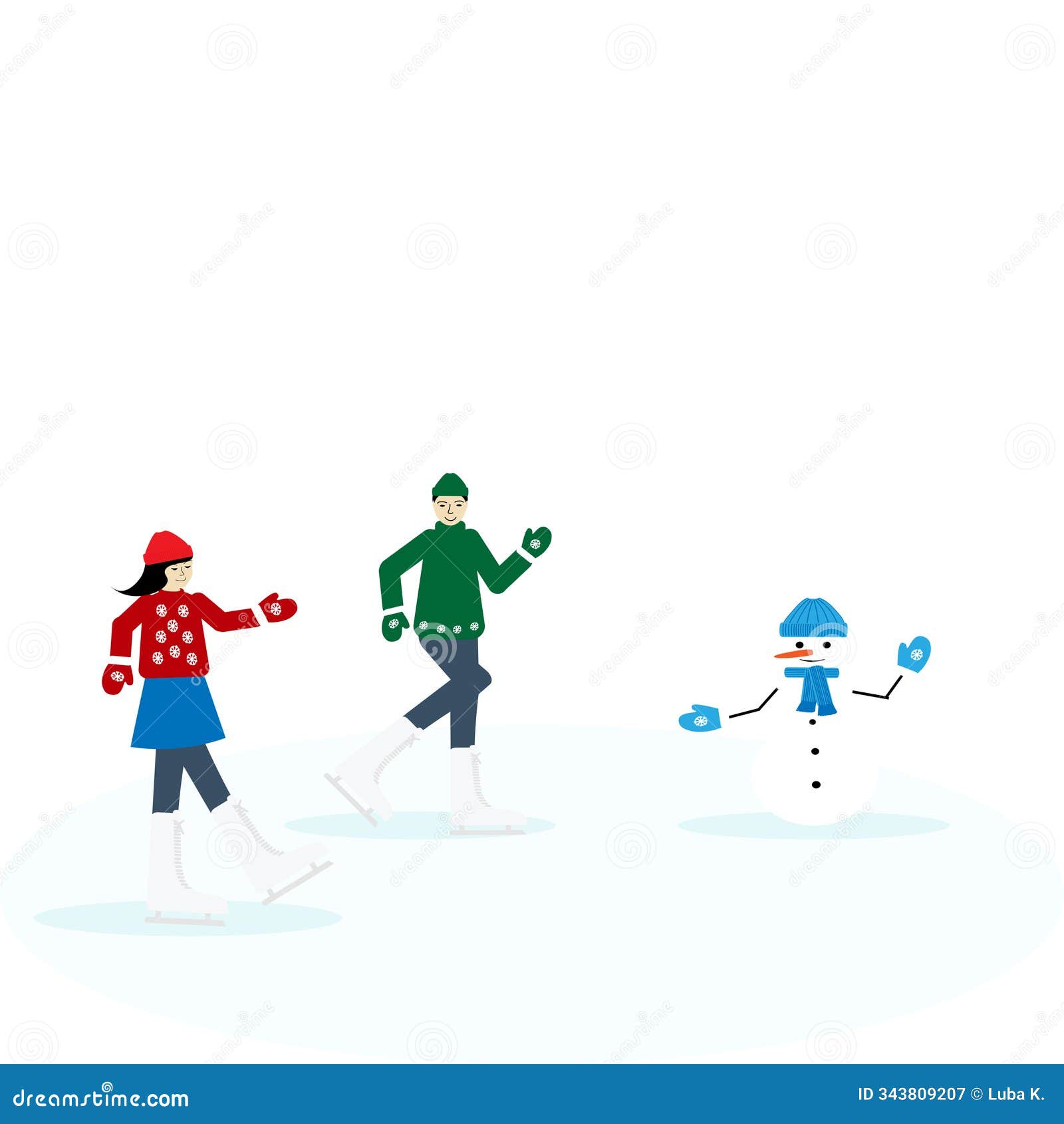 Children Skate on an Ice Rink with a Snowman Stock Illustration ...