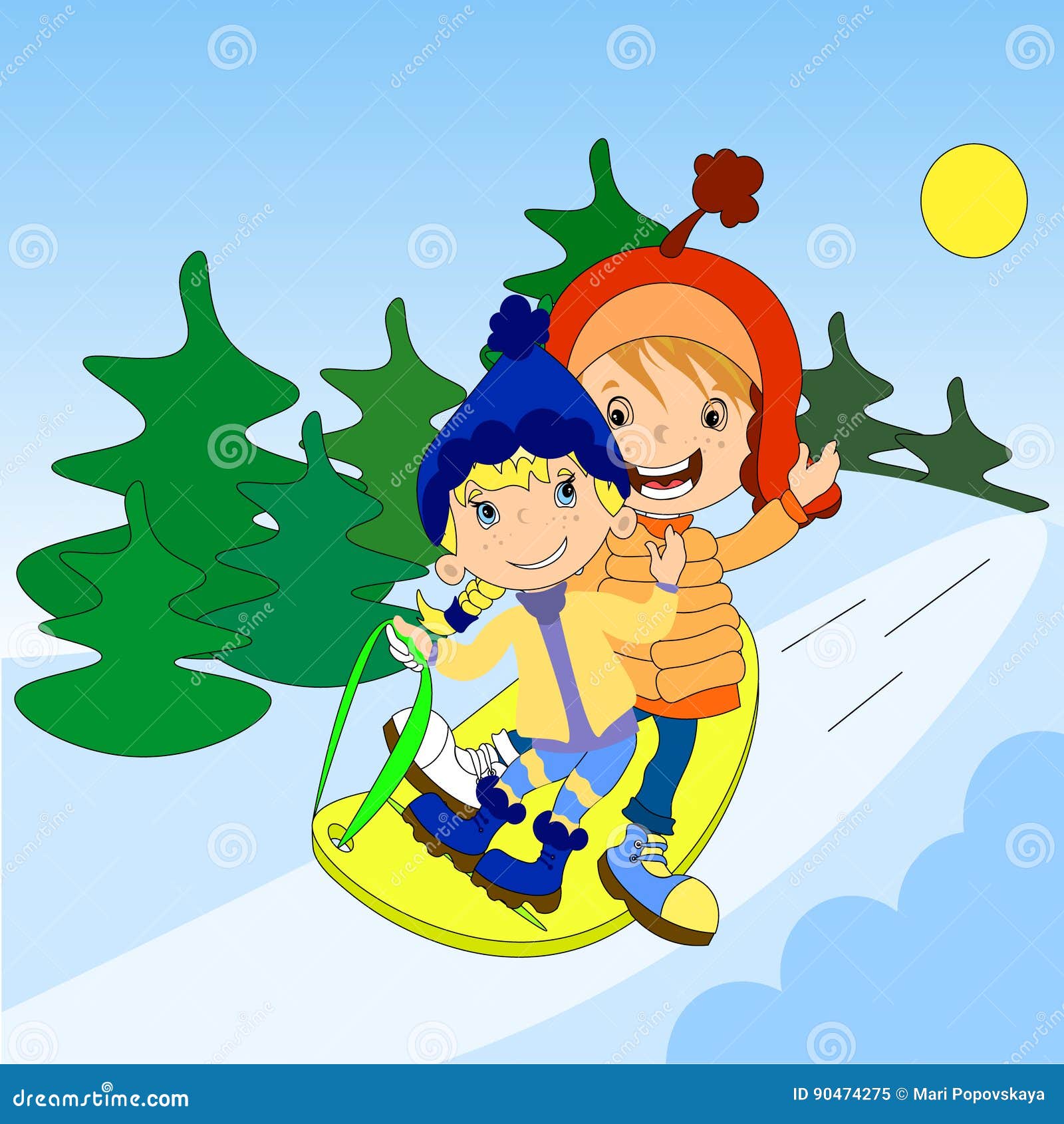Children on a Sled Ride with the Mountain Stock Vector - Illustration ...
