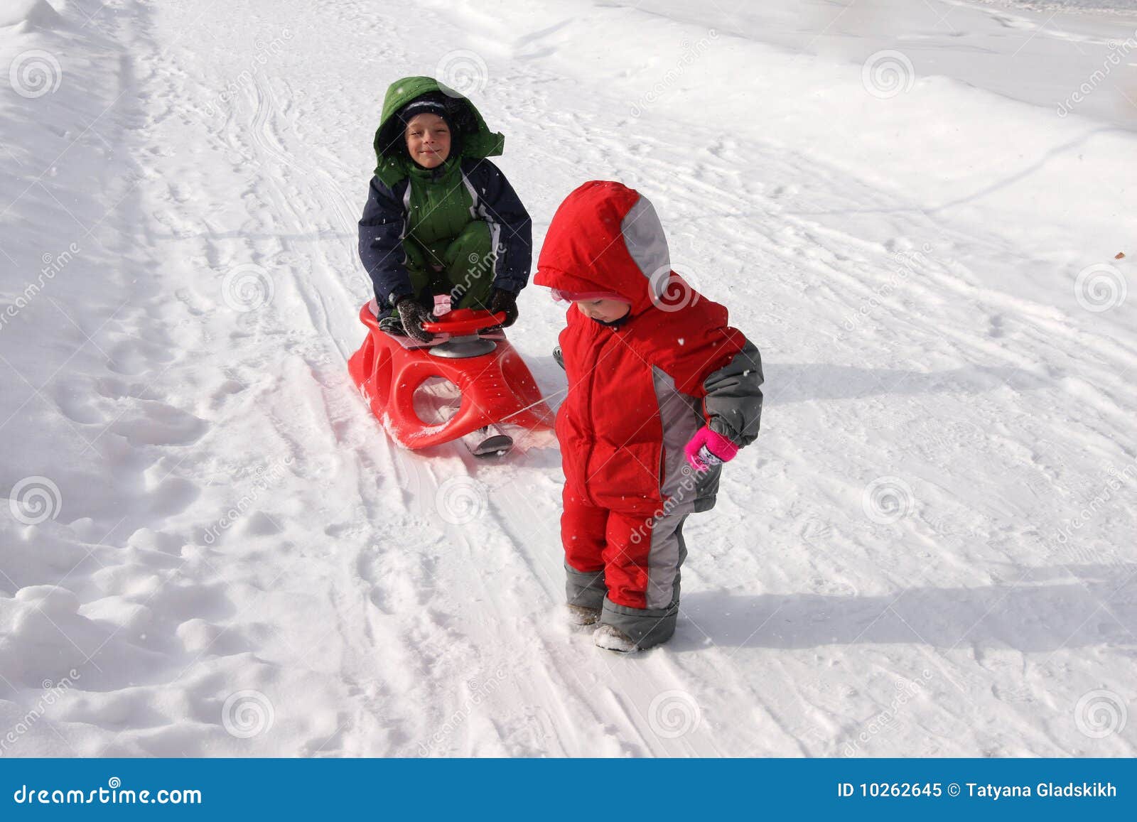 Children Sledding on Sledge Stock Image - Image of daughter, little ...