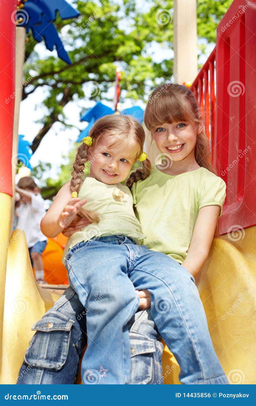 Children on Slide Outdoor in Park. Stock Photo - Image of offspring ...