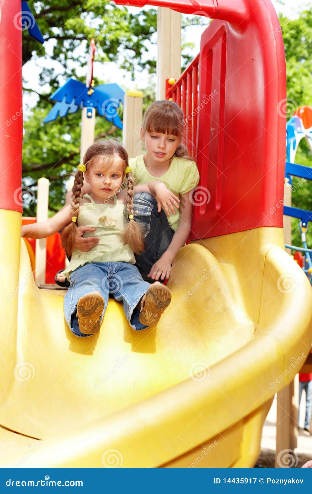 Children on Slide Outdoor in Park. Stock Image - Image of spring, tress ...