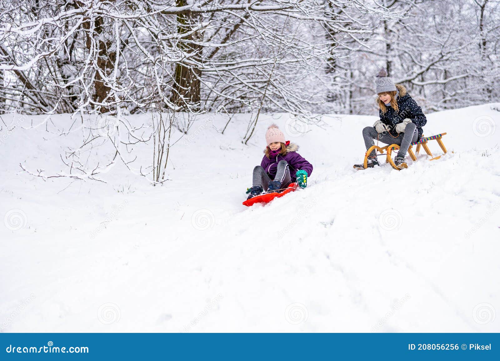 Children Sliding Down the Snow Path Stock Photo - Image of nature ...
