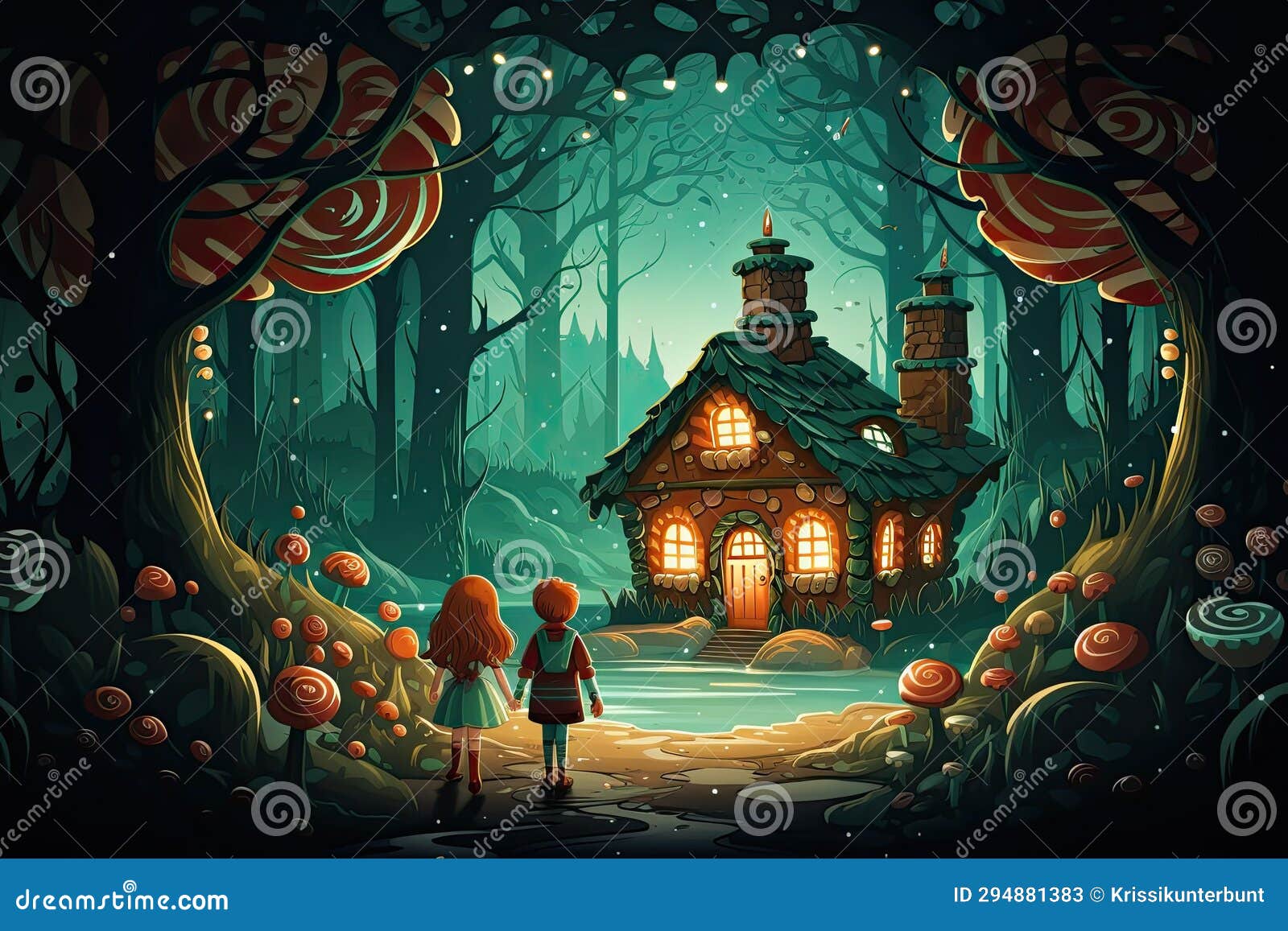 Children Stand in Front of a Gingerbread House in the Forest AI ...