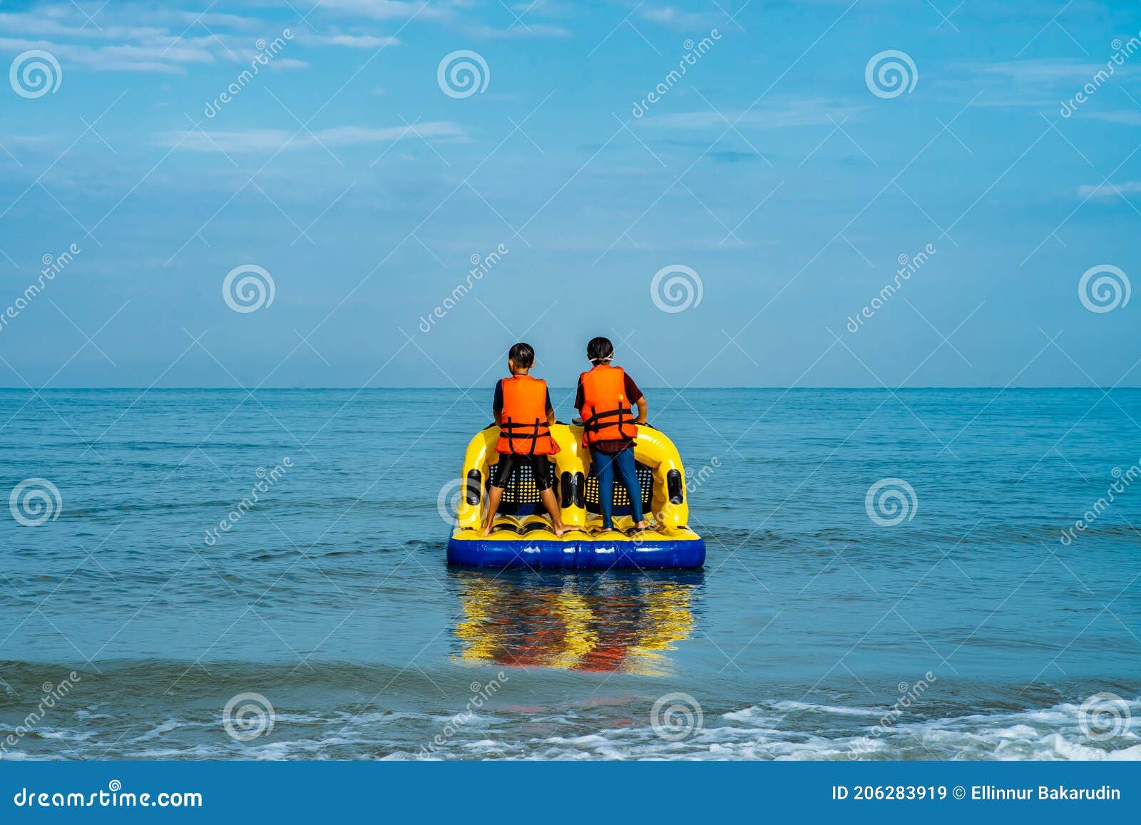 Children Standing on the Floating Raft Water Craft in the Sea Stock ...