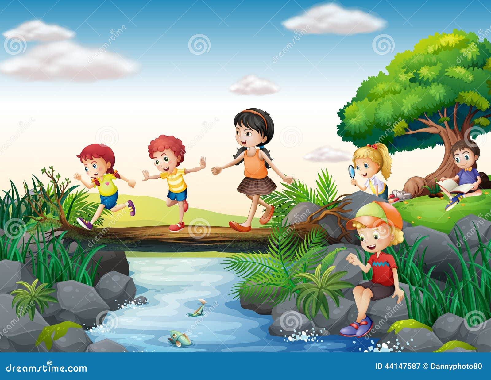 Children and stream stock vector. Illustration of river - 44147587