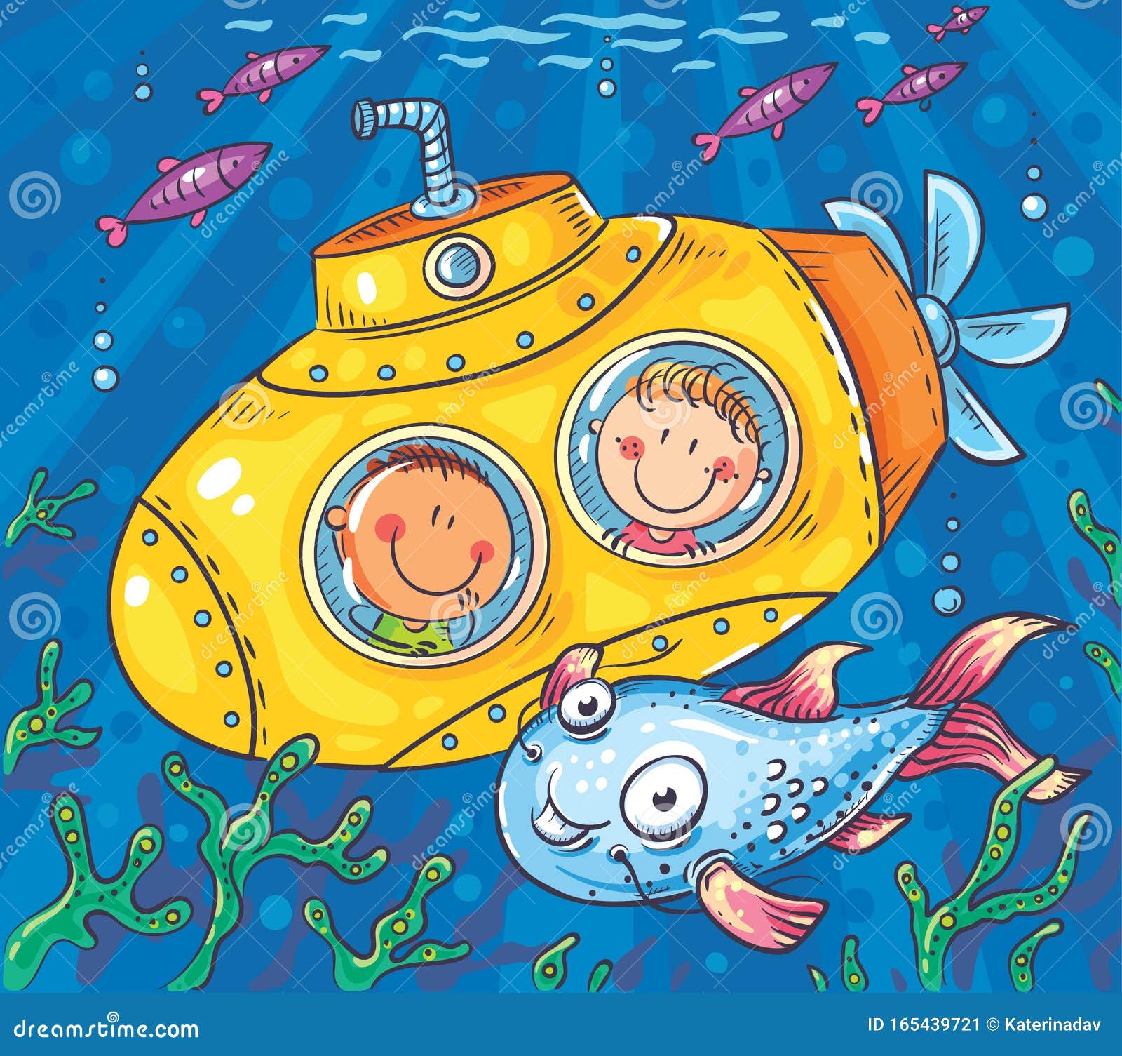 Children In Submarine. Kids In Sailor Bathyscaphe Explore Underwater ...