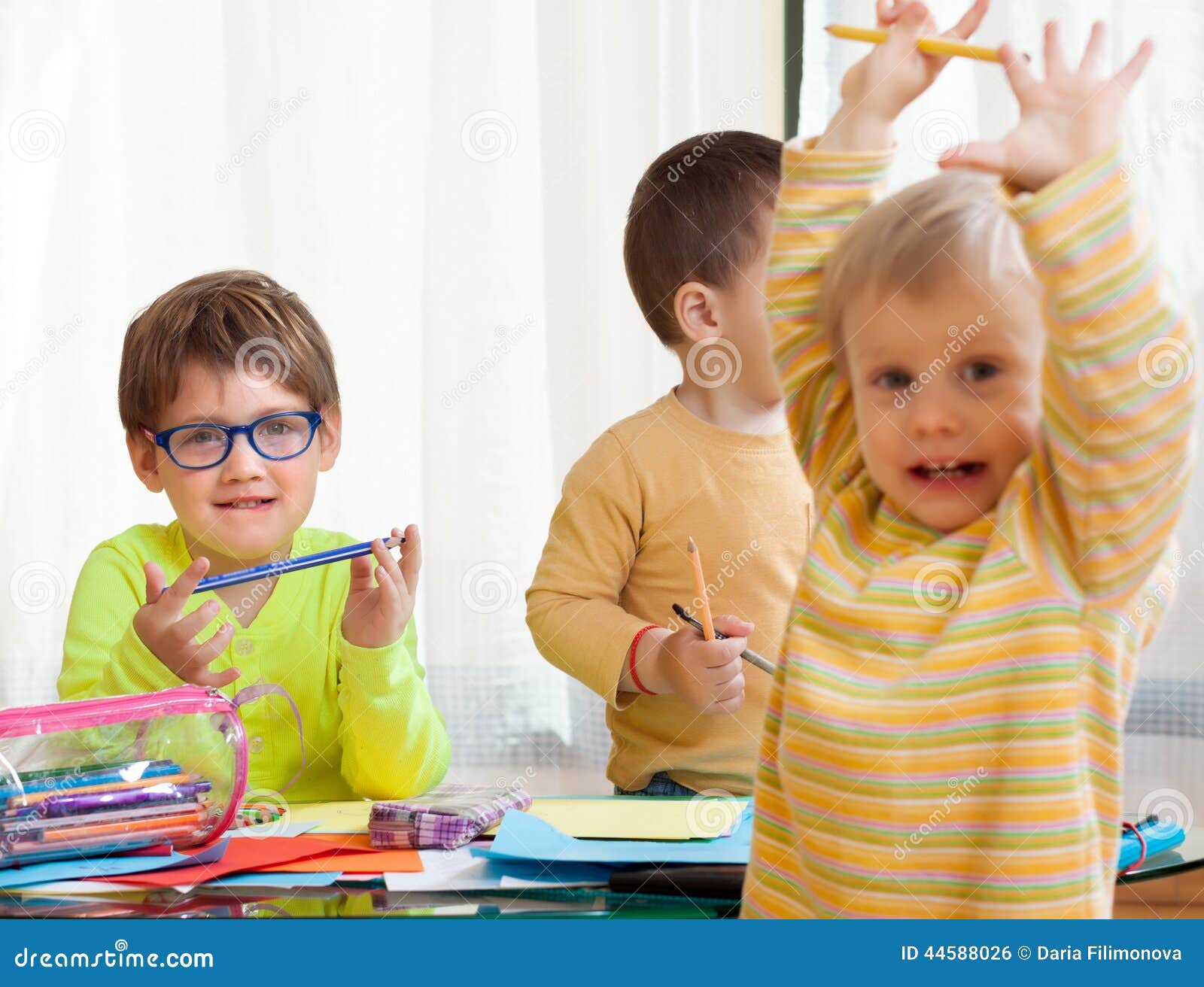 Children at Table with Crayons Stock Photo - Image of caucasian ...