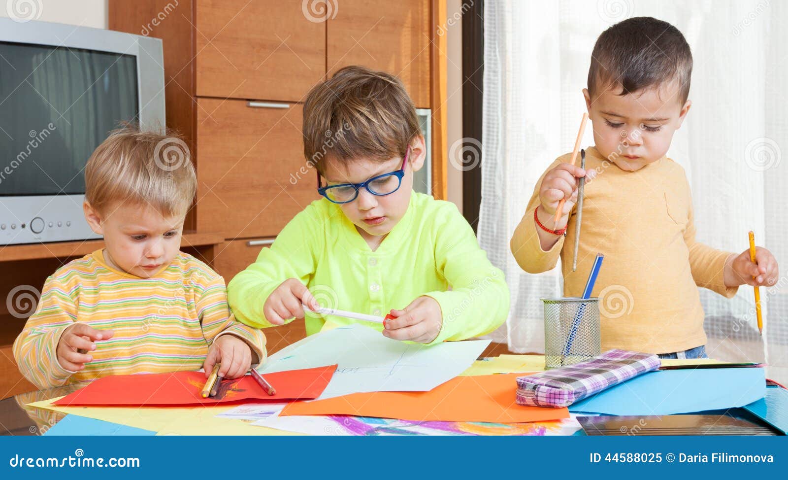 Children at Table with Crayons Stock Image - Image of craft, artist ...
