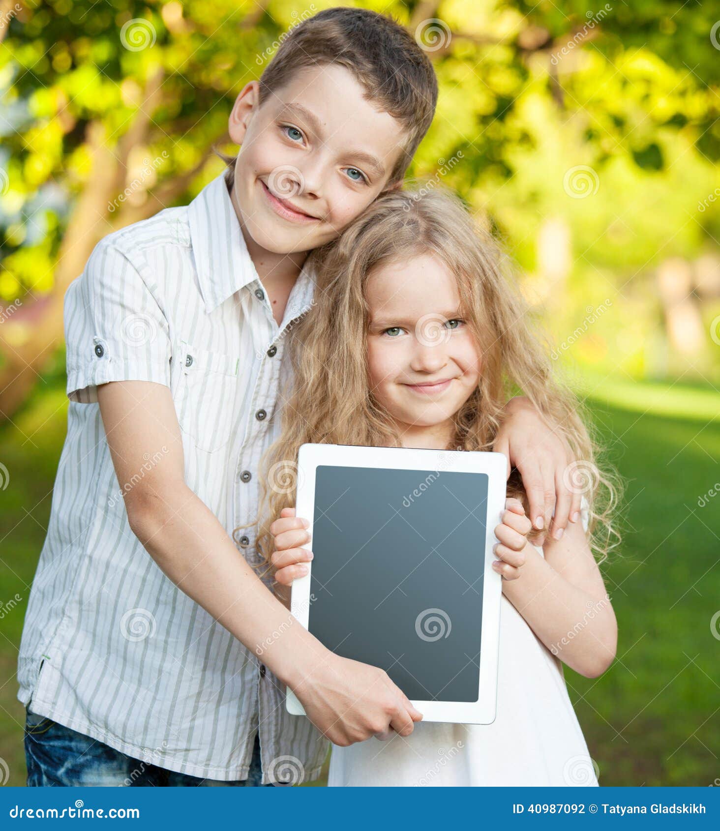 Children with Tablet Pc Outdoors Stock Photo - Image of happiness, girl ...