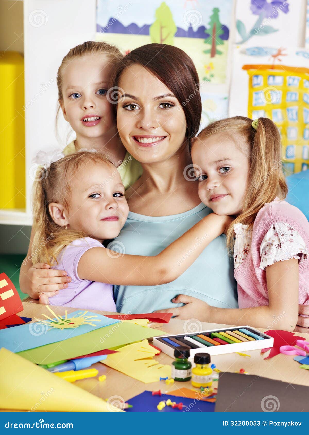 Children with Teacher at Classroom. Stock Image - Image of daughter ...